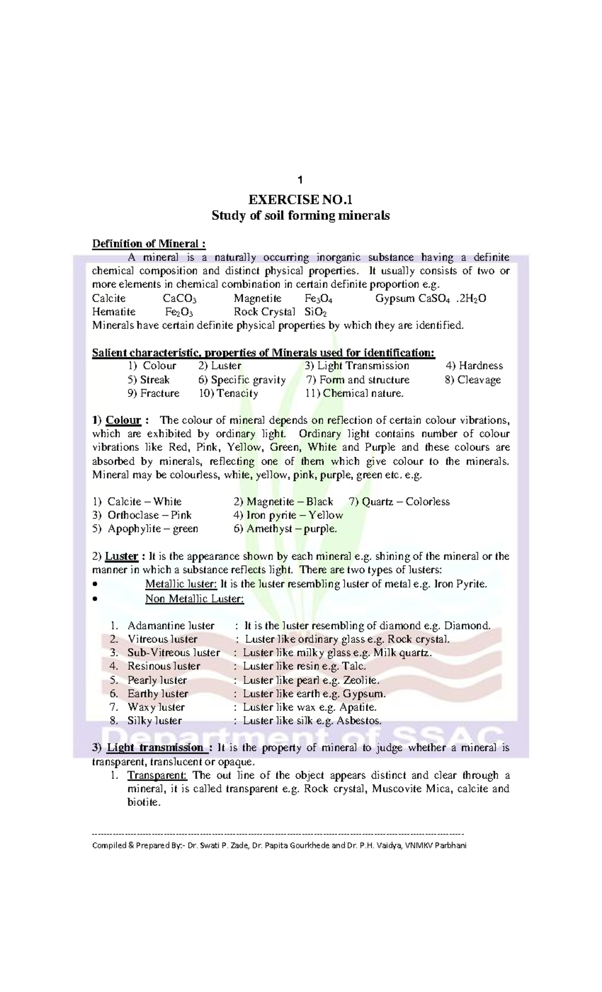 SSAC-111 Practical Manual - EXERCISE NO. Study of soil forming minerals Definition of Mineral ...