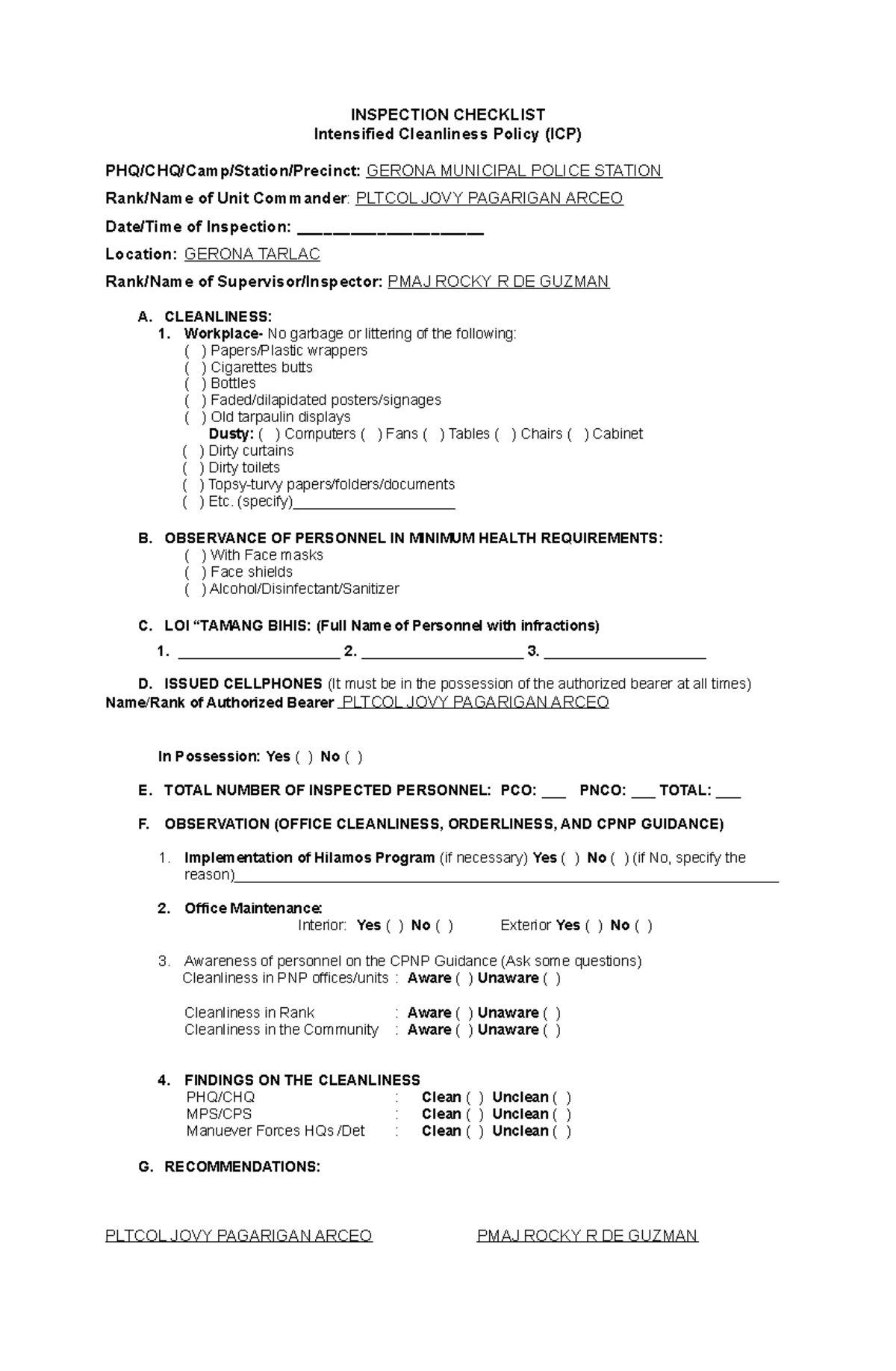 Inspection Checklist ICP Updated - INSPECTION CHECKLIST Intensified ...