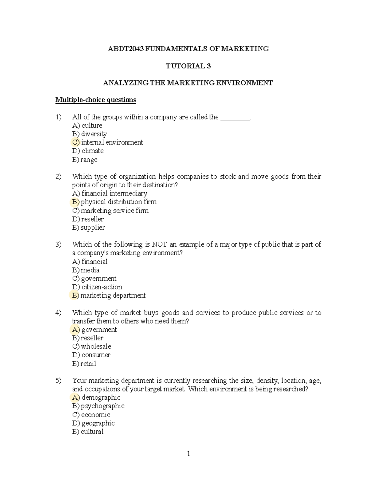 Tutorial 3 - ABDT2043 FUNDAMENTALS OF MARKETING TUTORIAL 3 ANALYZING ...