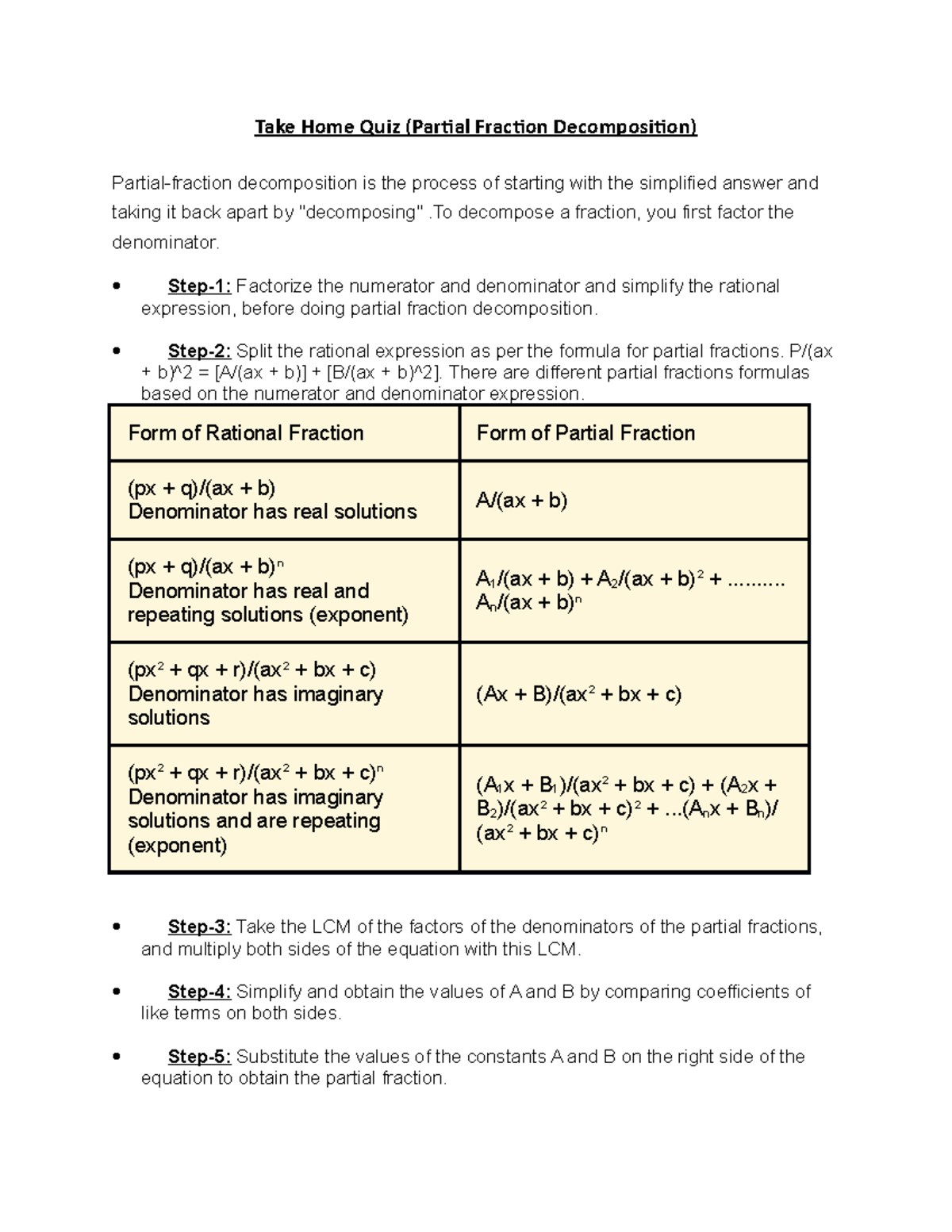Review Partial Fraction Decom - Take Home Quiz (Partial Fraction ...