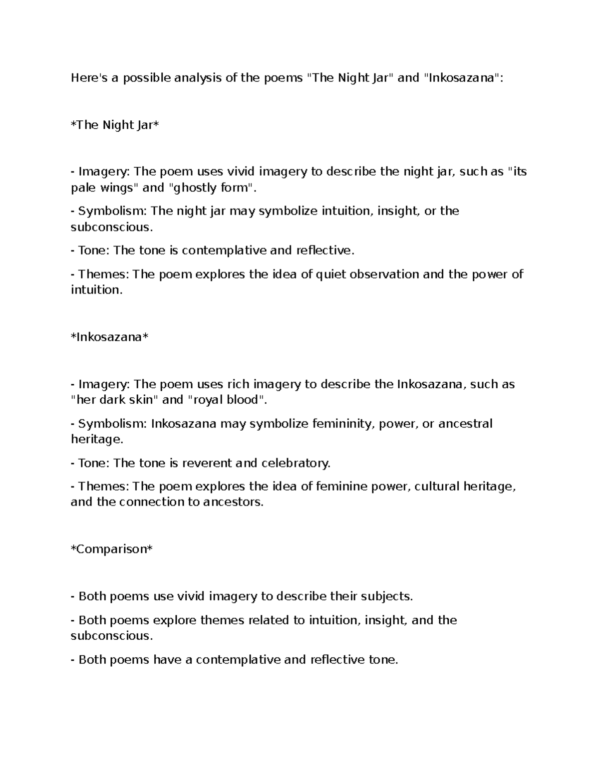 The night jar and inkosazana poetic devices - Here's a possible ...