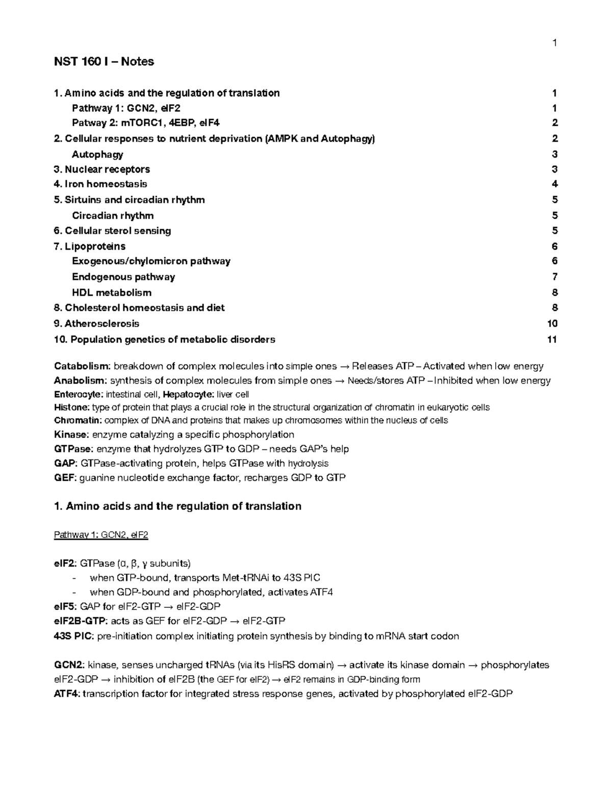 Midterm I Notes - NST 160 I – Notes 1. Amino acids and the regulation ...