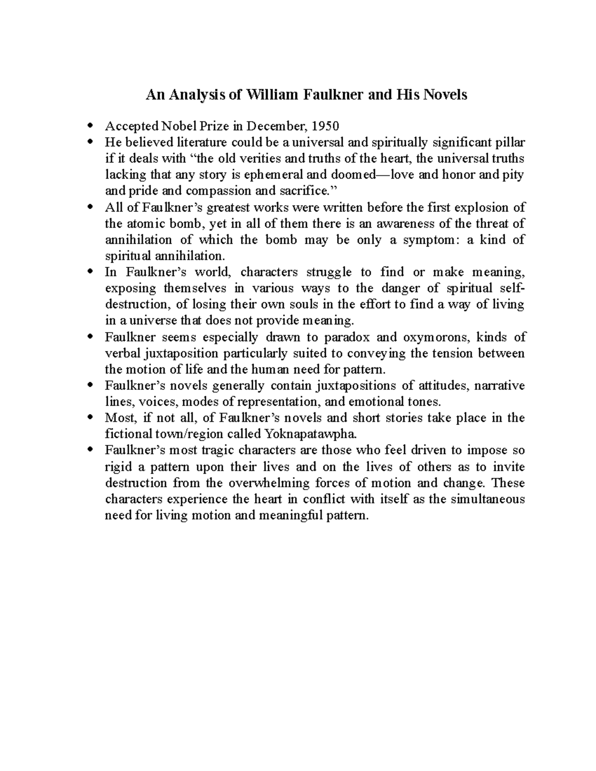 Overview of William Faulkner and His Novels - An Analysis of William ...