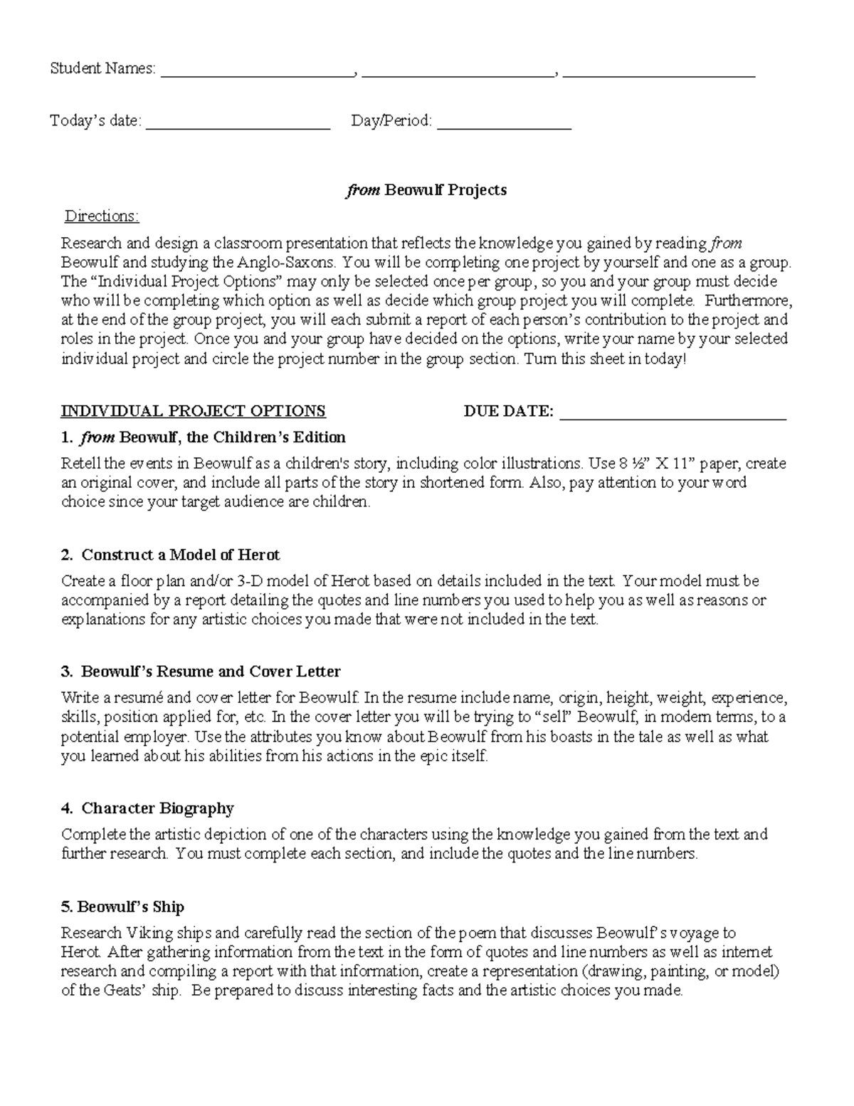 Beowulf Projects 2024 - Student Names