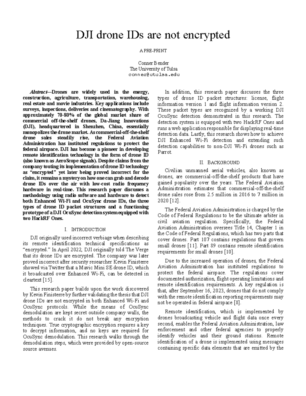 2207 - DJI drone IDs are not encrypted A PRE-PRINT Conner Bender The ...