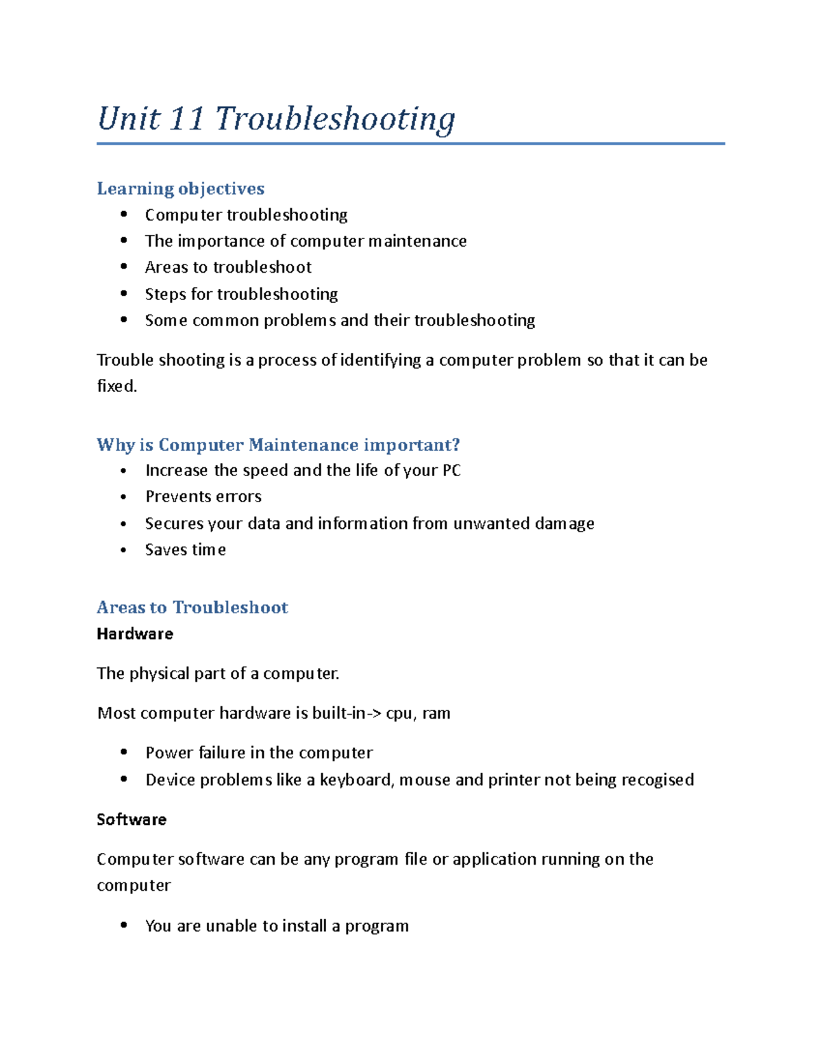 Unit11 readme - Unit 11 Troubleshooting Learning objectives Computer ...