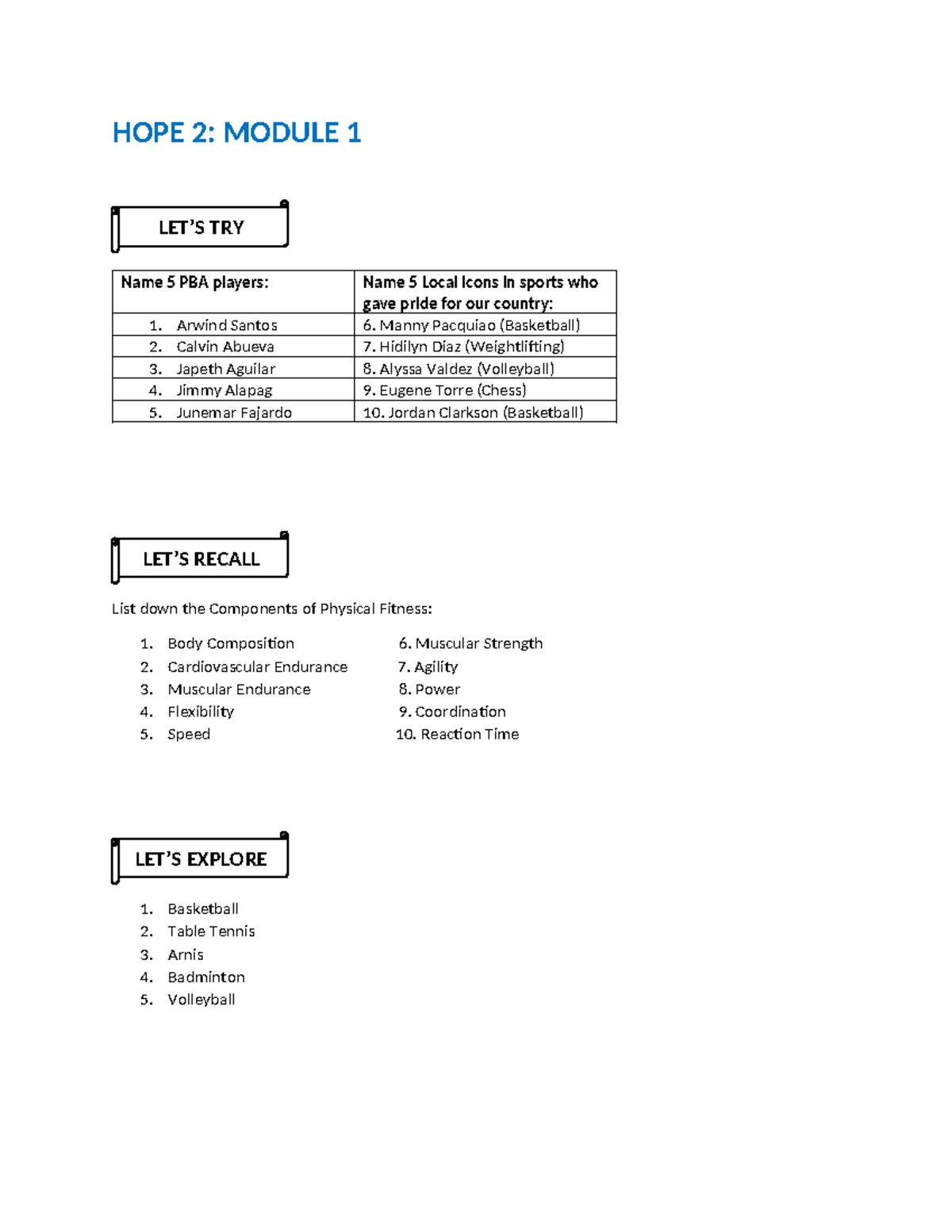 HOPE 2 Activities - HOPE 2: MODULE 1 Name 5 PBA players: Name 5 Local ...