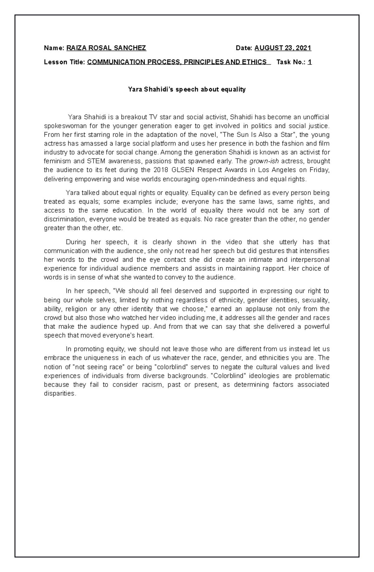 Performance TASK 1 - Lesson 1( Sanchez, Raiza R - Name: RAIZA ROSAL ...