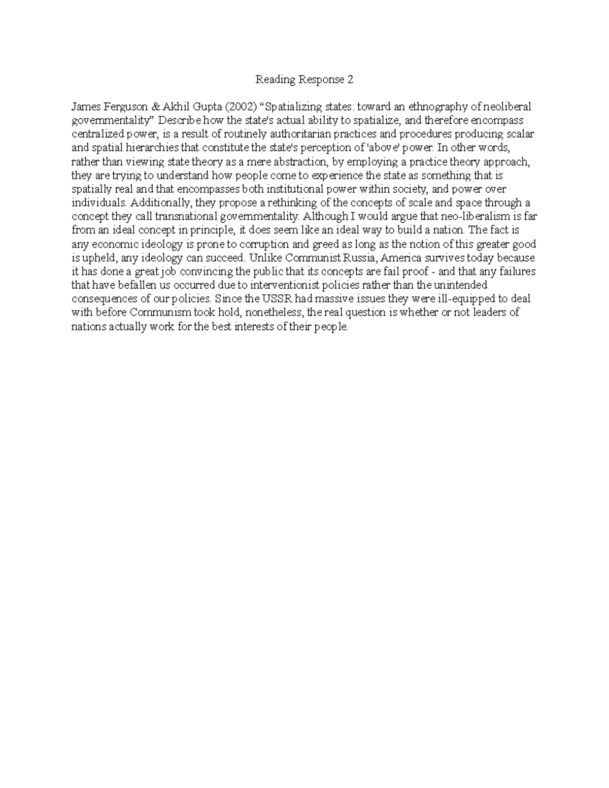 Reading Response 2 - Dr. Jean Varghese - Reading Response 2 James ...