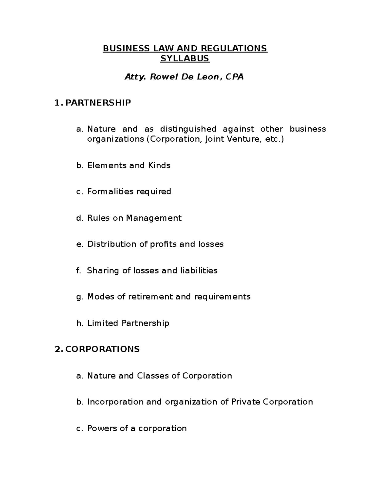 Business LAW AND Regulations - BUSINESS LAW AND REGULATIONS SYLLABUS ...