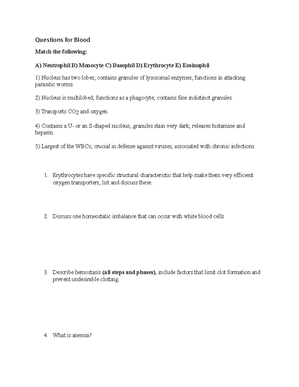 Questions for Blood and heart - Questions for Blood Match the following ...