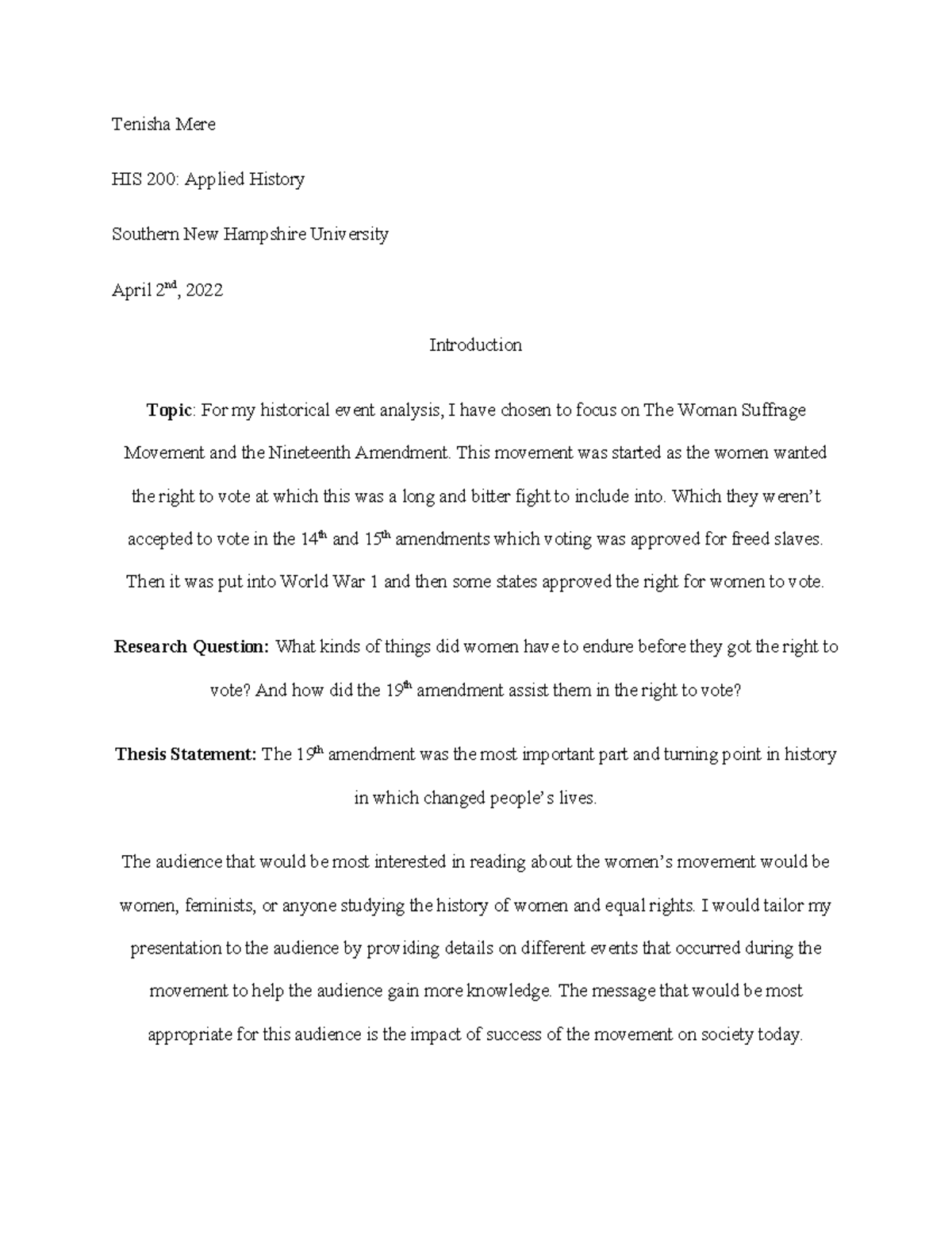 Tenisha Mere - N/A - Tenisha Mere HIS 200: Applied History Southern New ...