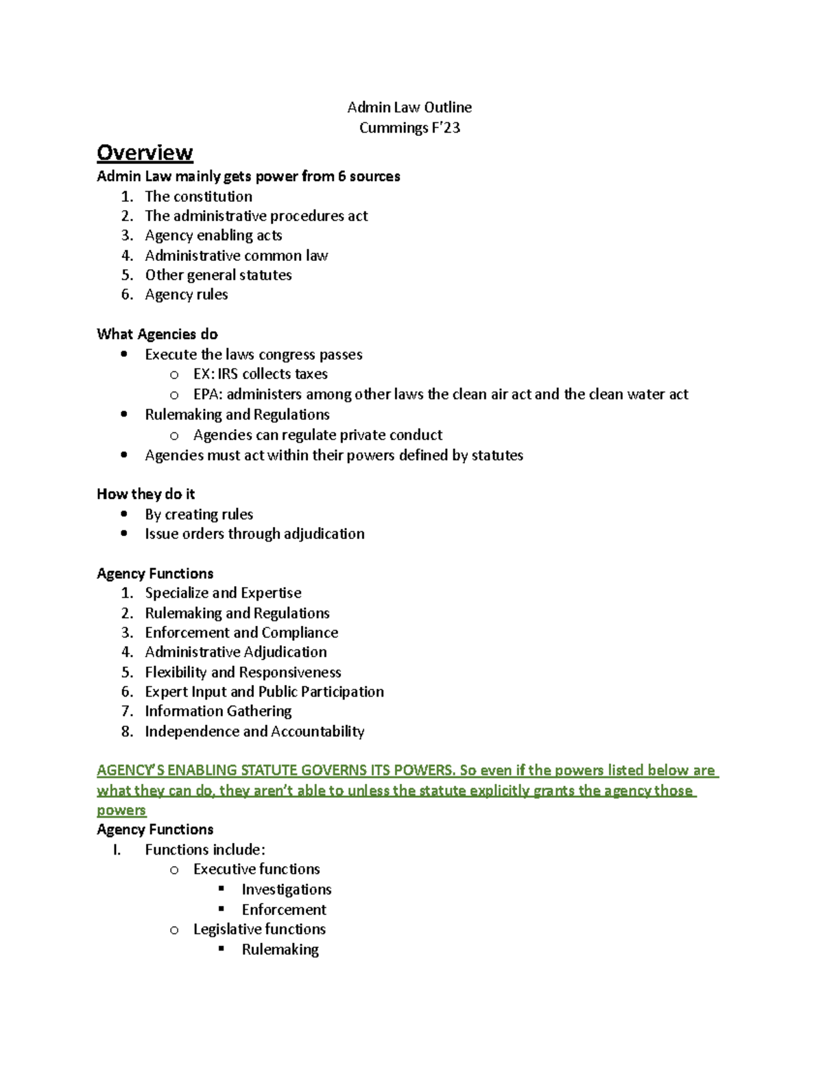 Admin Law Outline - Admin Law Outline Cummings F’ Overview Admin Law ...