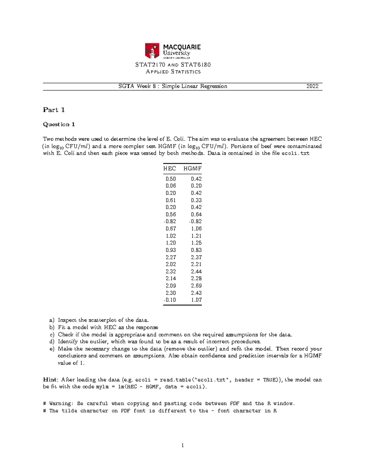 STAT2170-Tutorial-Week8 - STAT2170 and STAT Applied Statistics SGTA Week 8 : Simple Linear - Studocu