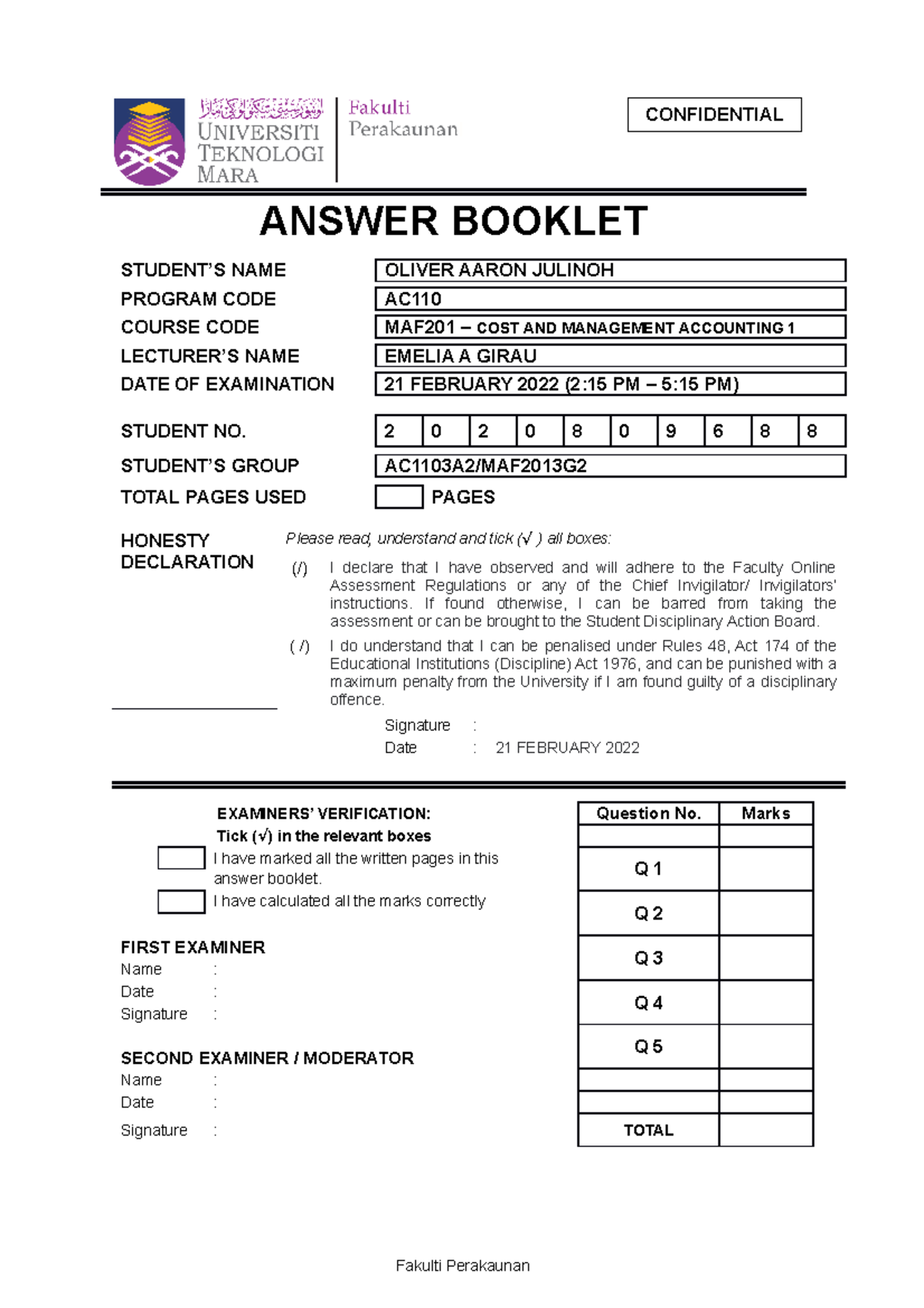 Answer booklet MAF201 - ANSWER BOOKLET STUDENT’S NAME OLIVER AARON ...
