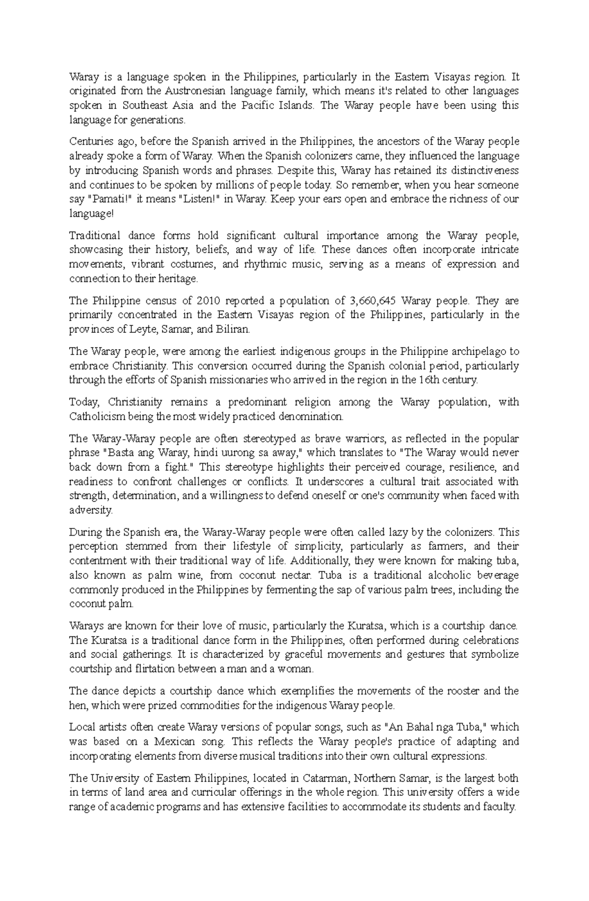 Lecture notes - Waray is a language spoken in the Philippines ...