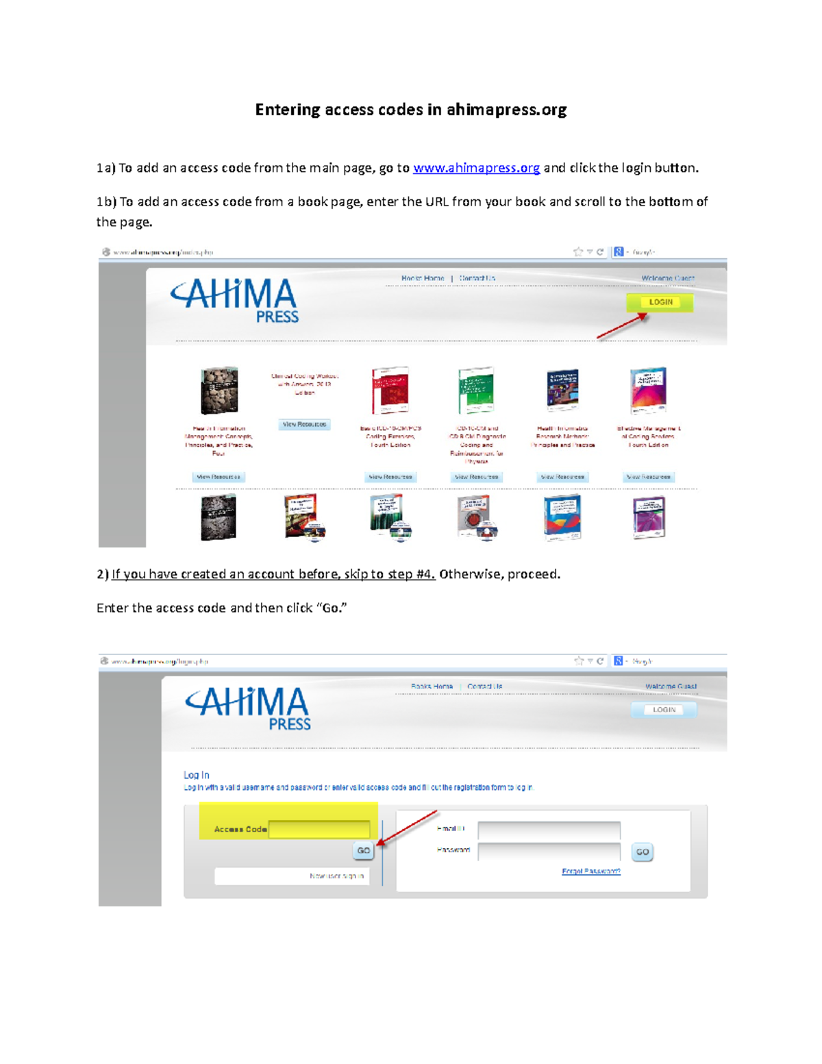 Instructions - Lecture notes 2 - Entering access codes in ahimapress 1a ...