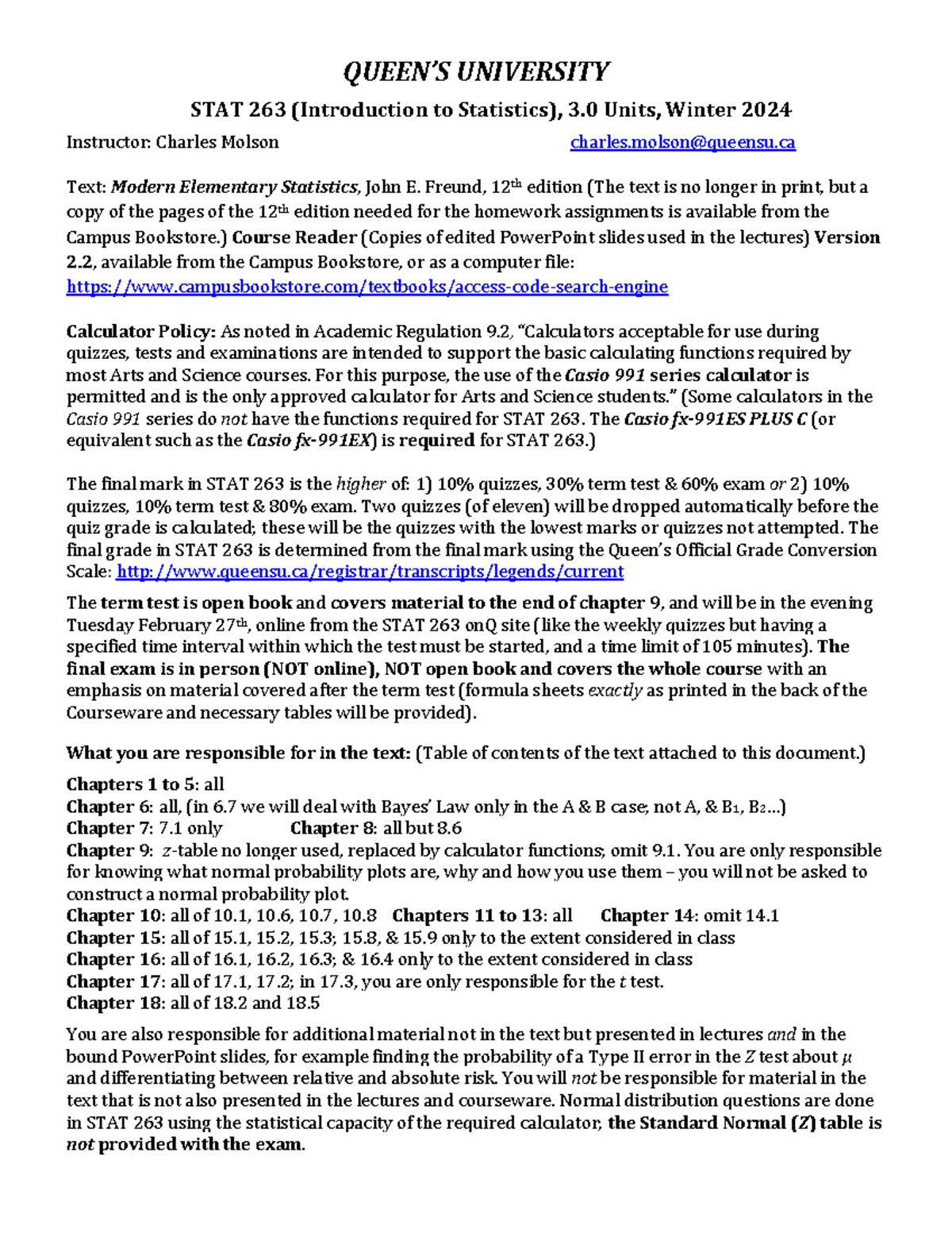 Stats outline - Summary Introduction to Statistics - QUEEN’S UNIVERSITY ...