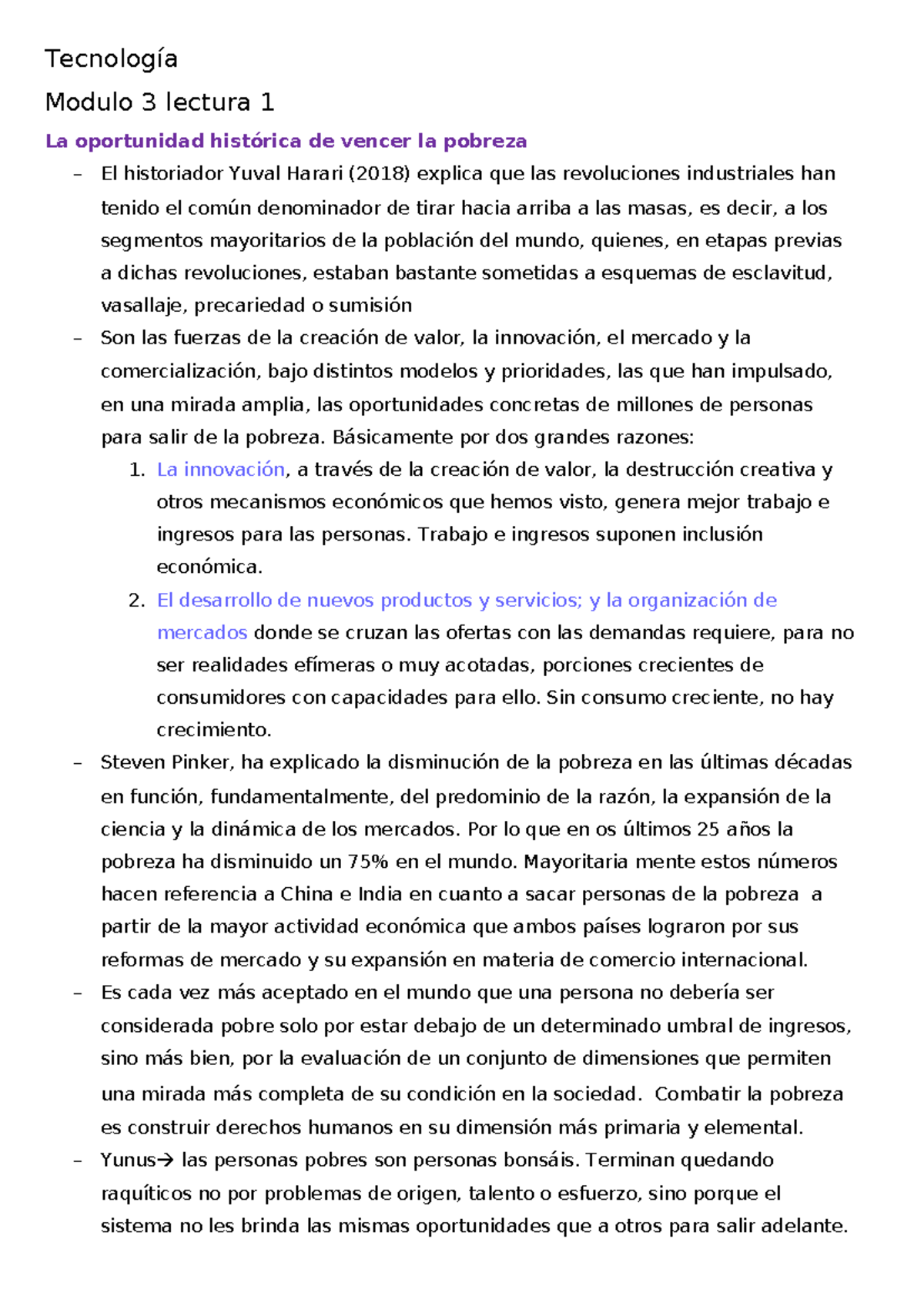 Modulo 3 resumen - Tecnología Modulo 3 lectura 1 La oportunidad histórica de vencer la pobreza ...