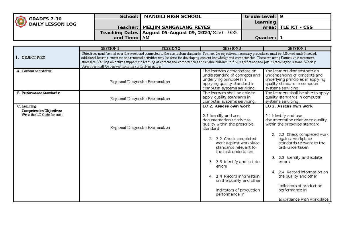 DLL Grade 9 ICT-CSS Week 2 - GRADES 7- DAILY LESSON LOG School: MANDILI ...