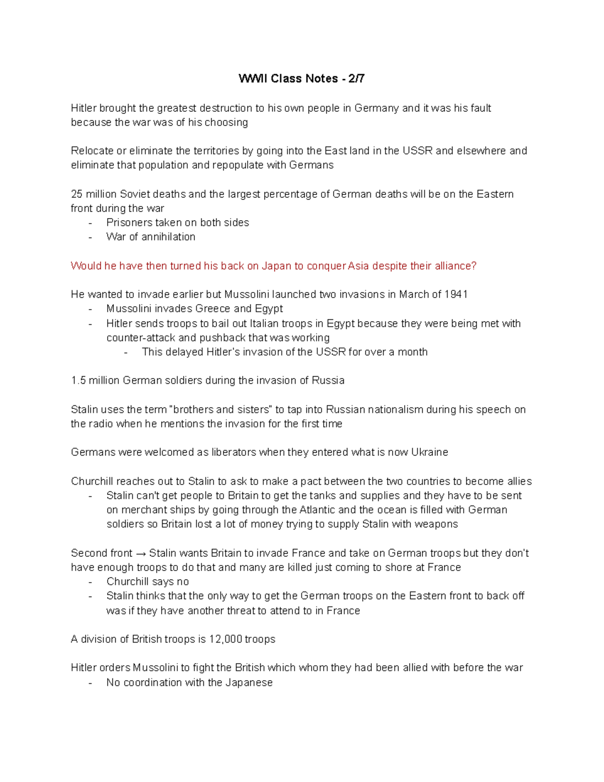 WWII Class Notes - 2/7 - WWII Class Notes - 2/ Hitler brought the ...
