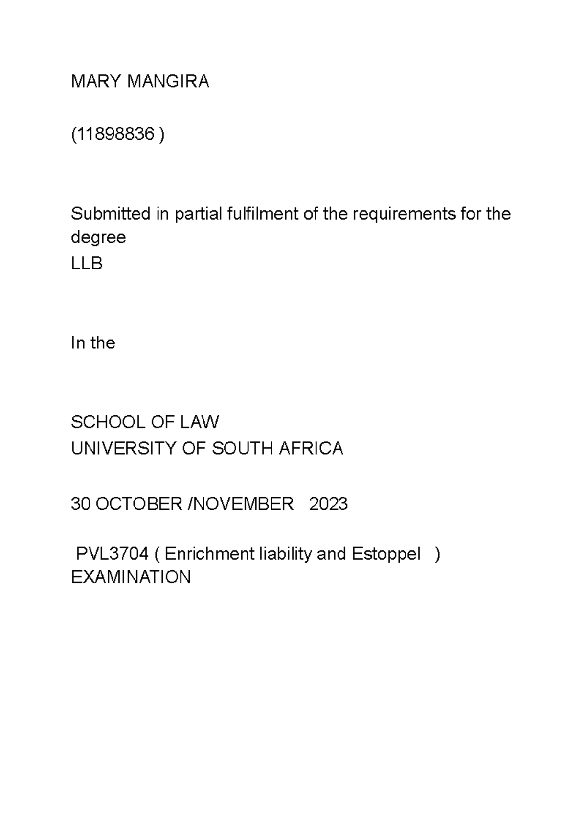 Exam script - EXAM - MARY MANGIRA (11898836 ) Submitted in partial ...