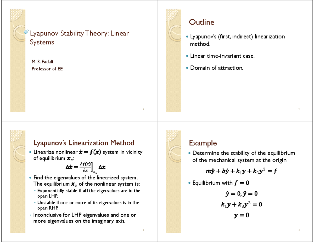 Lyap Autonomous Linear Systems - Outline Lyapunov Stability Theory ...