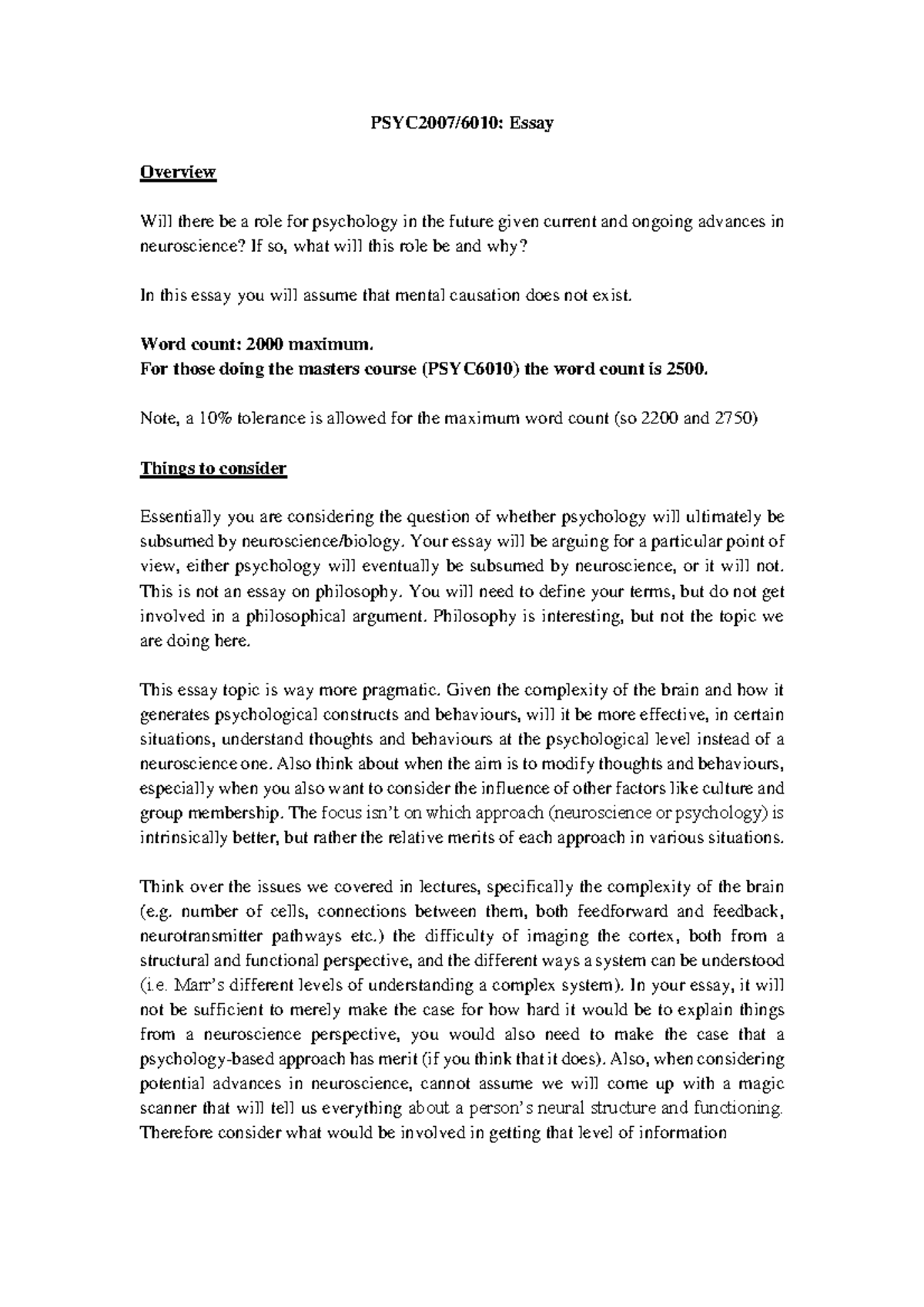 Essay details Future of psychology Updated 2023 - PSYC2007/6010: Essay ...