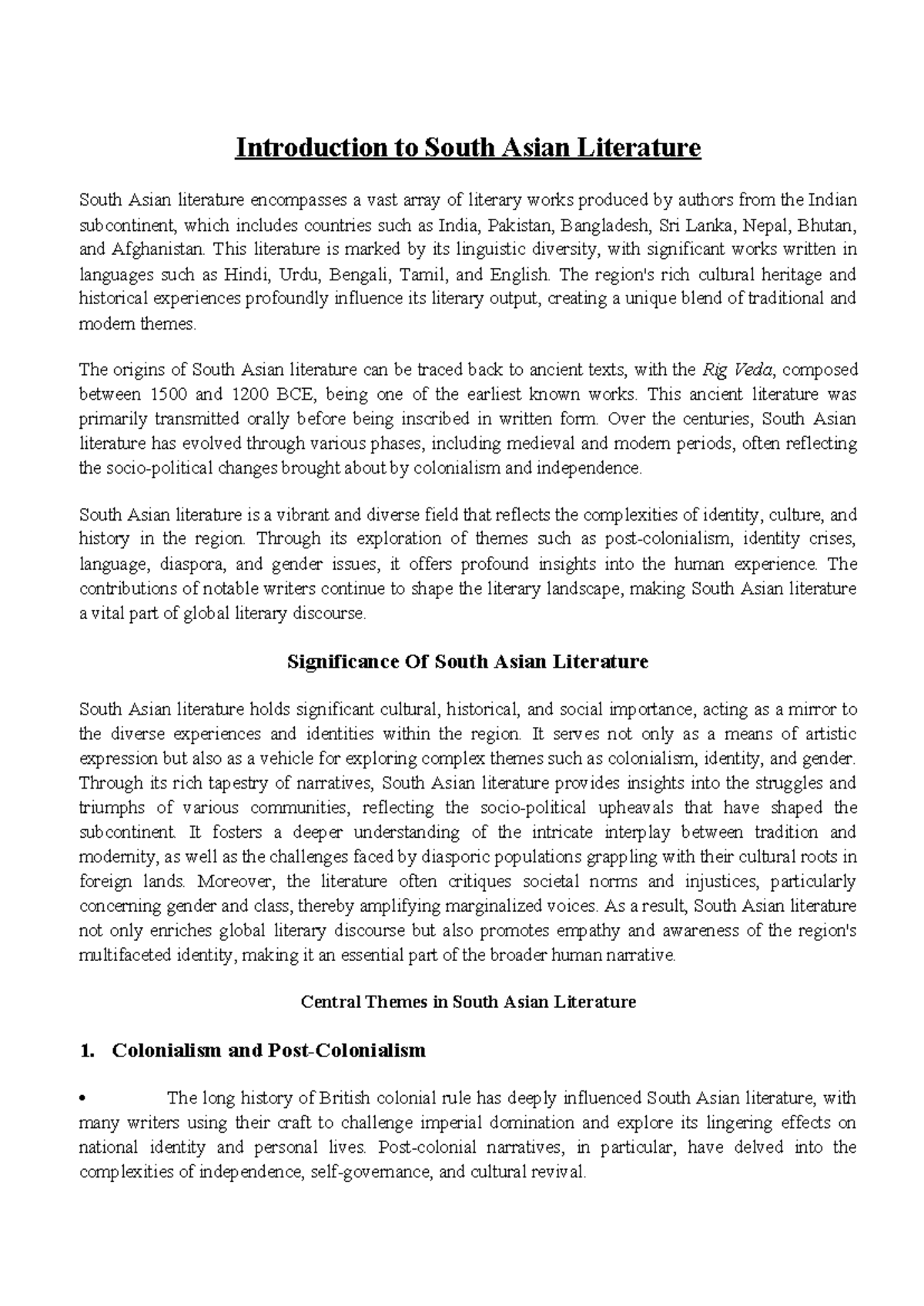 Introduction to South Asian Literature - This literature is marked by ...