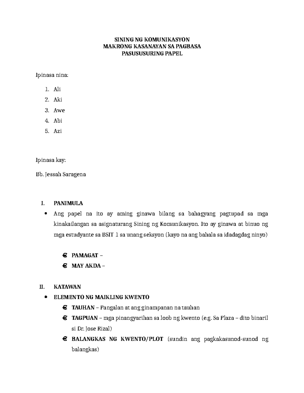 Pormat ng pagsusuri - SINING NG KOMUNIKASYON MAKRONG KASANAYAN SA ...