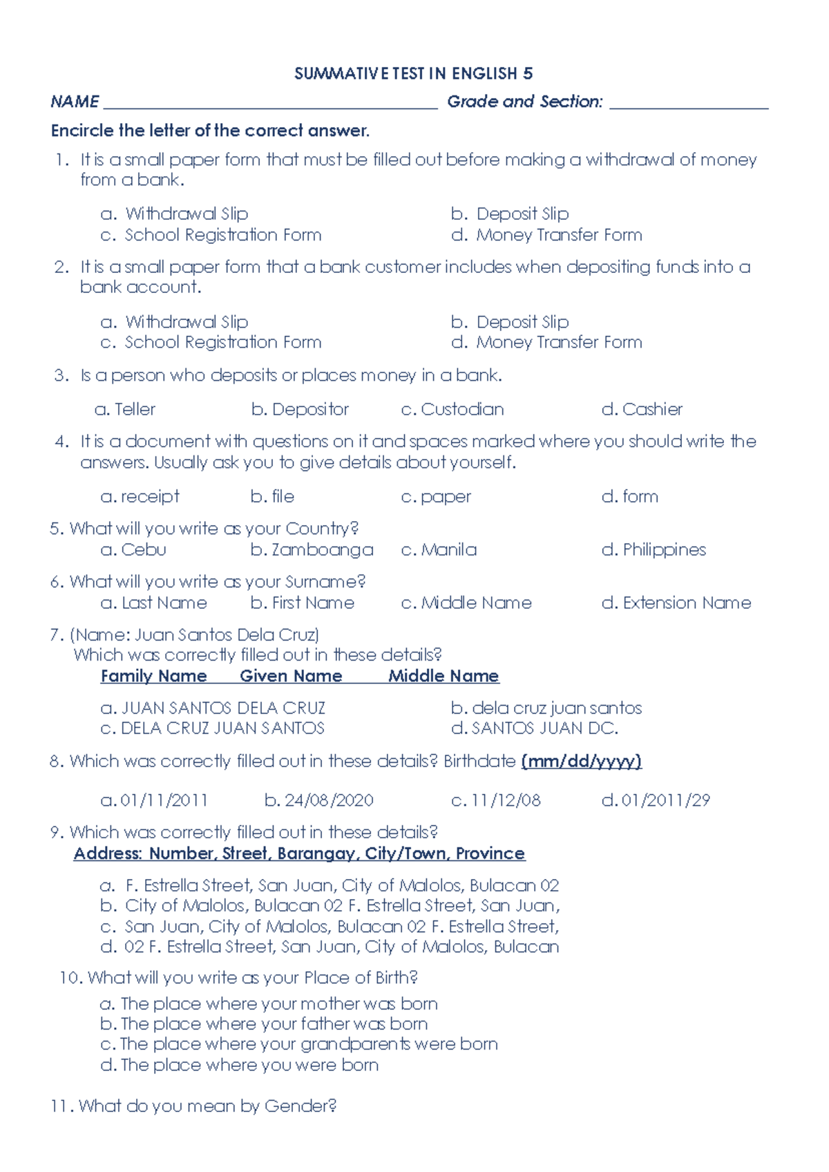 1st Summative Test in English 5 - SUMMATIVE TEST IN ENGLISH 5 NAME ...