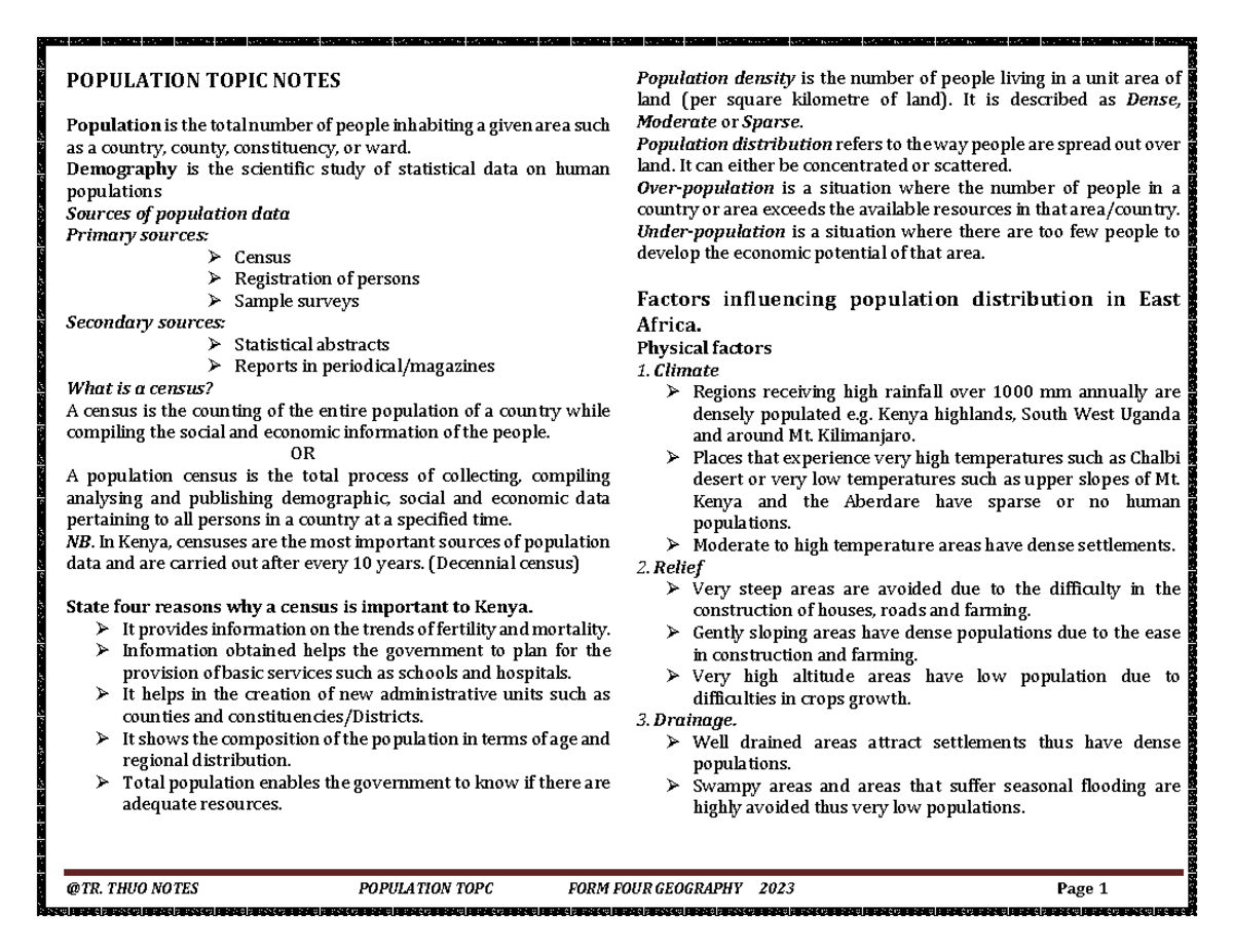 Geo - POPULATION TOPIC NOTES Population is the total number of people ...