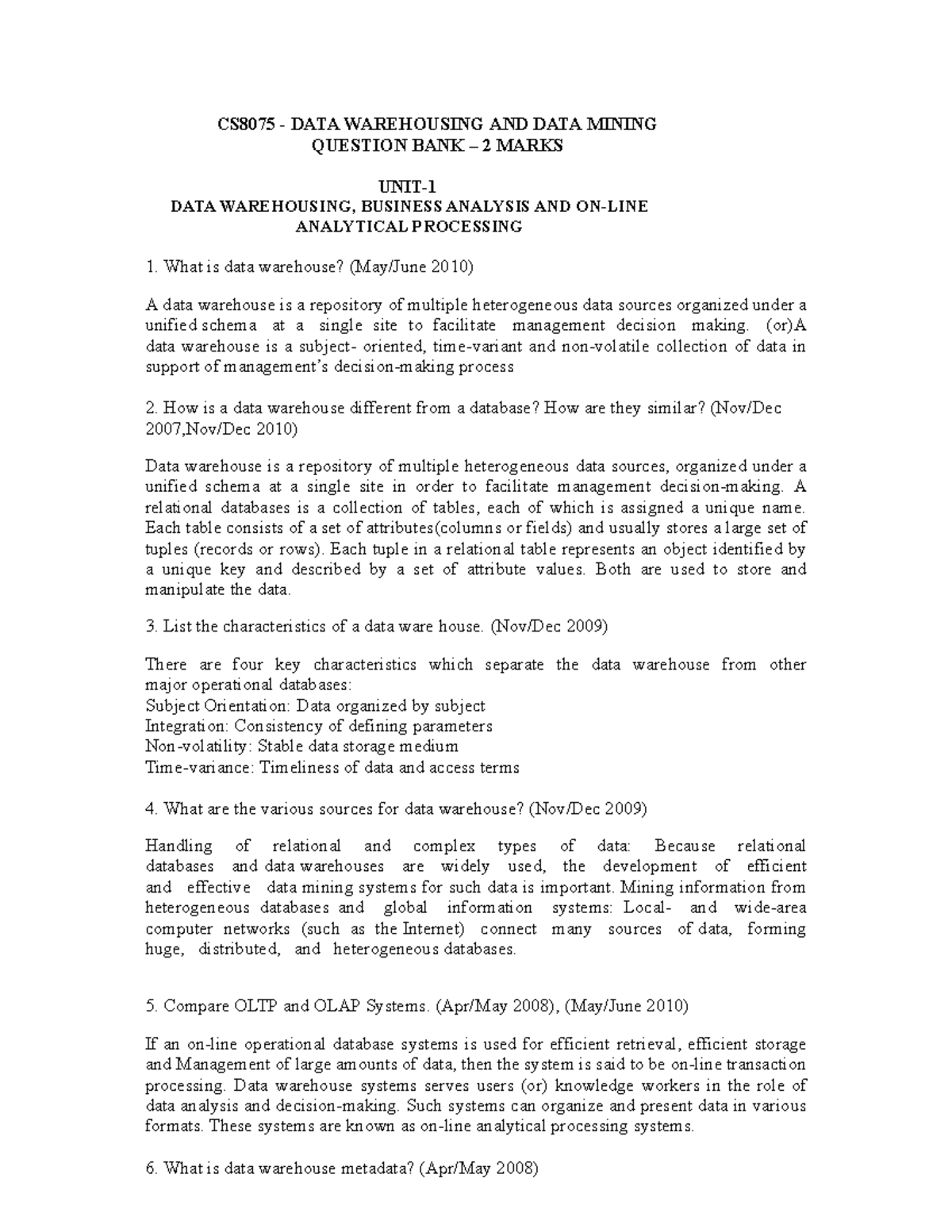 CS8075 DWDM 2 Marks - CS8075 - DATA WAREHOUSING AND DATA MINING ...