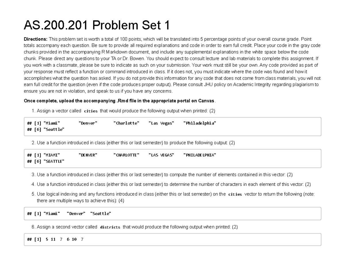 2024 AS.200.201 Problem Set 1 - AS.200 Problem Set 1 Directions: This ...