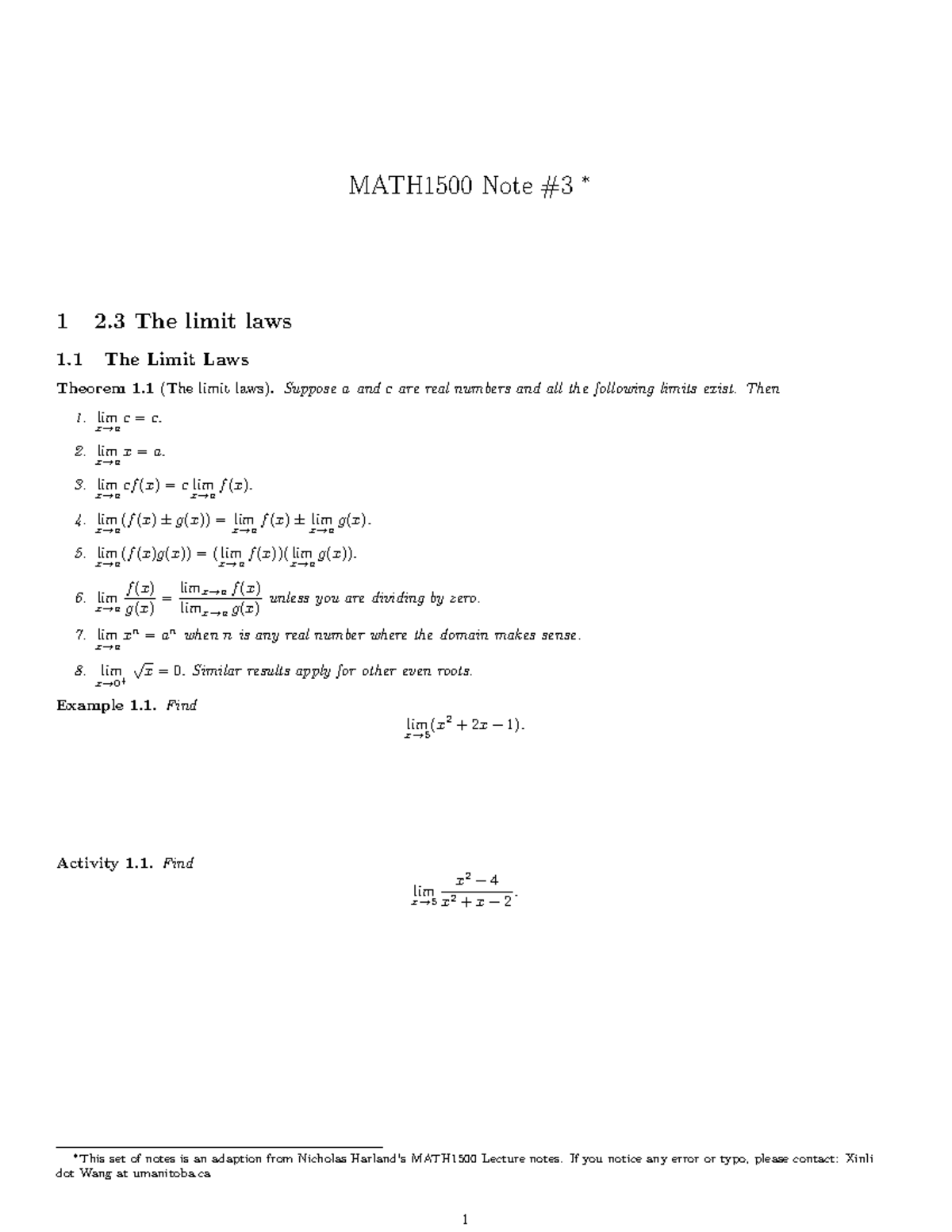 MATH1500 Note#3 - Lecture notes - MATH1500 Note #3 ∗ 1 2 The limit laws ...