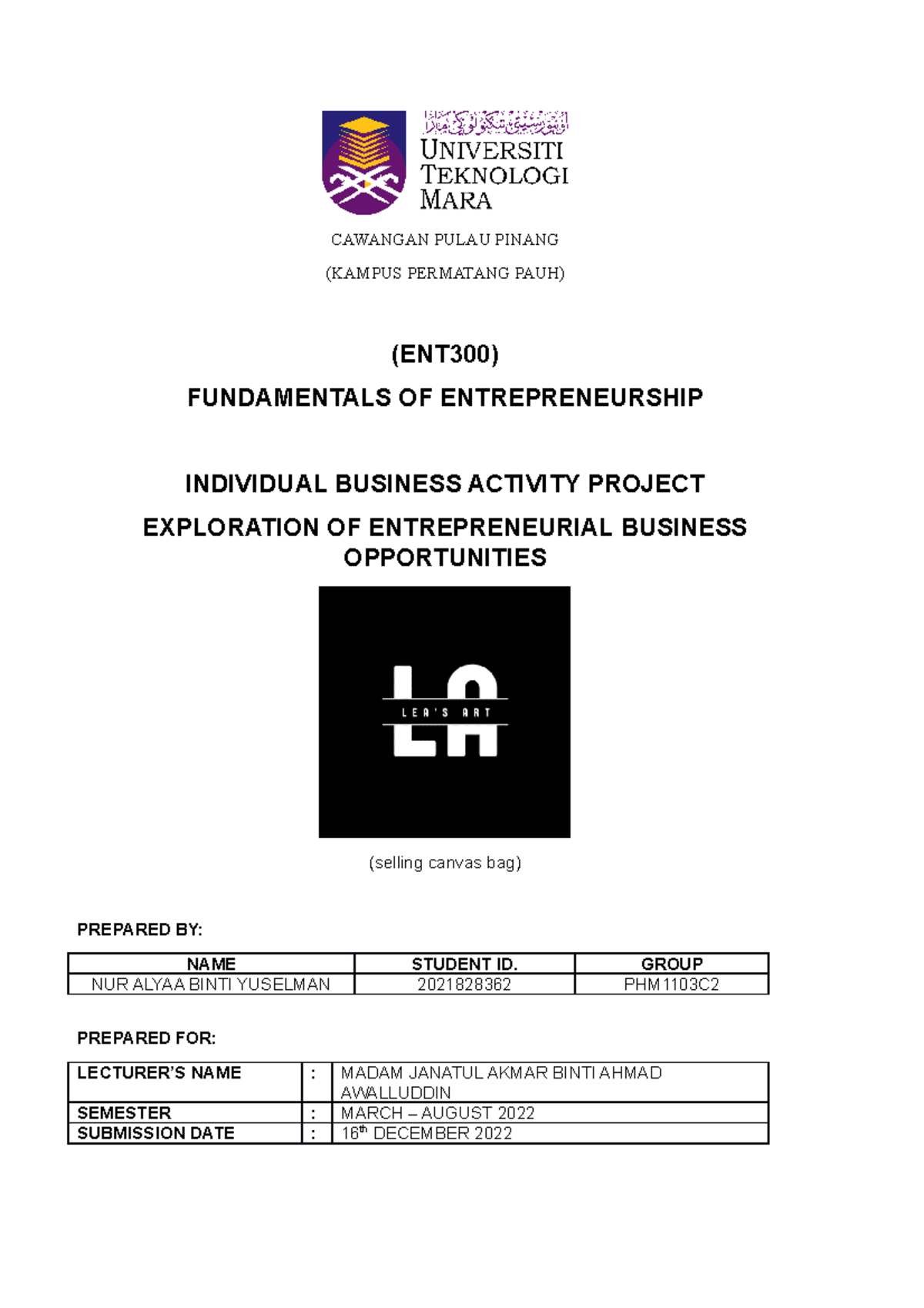 ENT300 Individual - CAWANGAN PULAU PINANG (KAMPUS PERMATANG PAUH) (ENT300) FUNDAMENTALS OF - Studocu