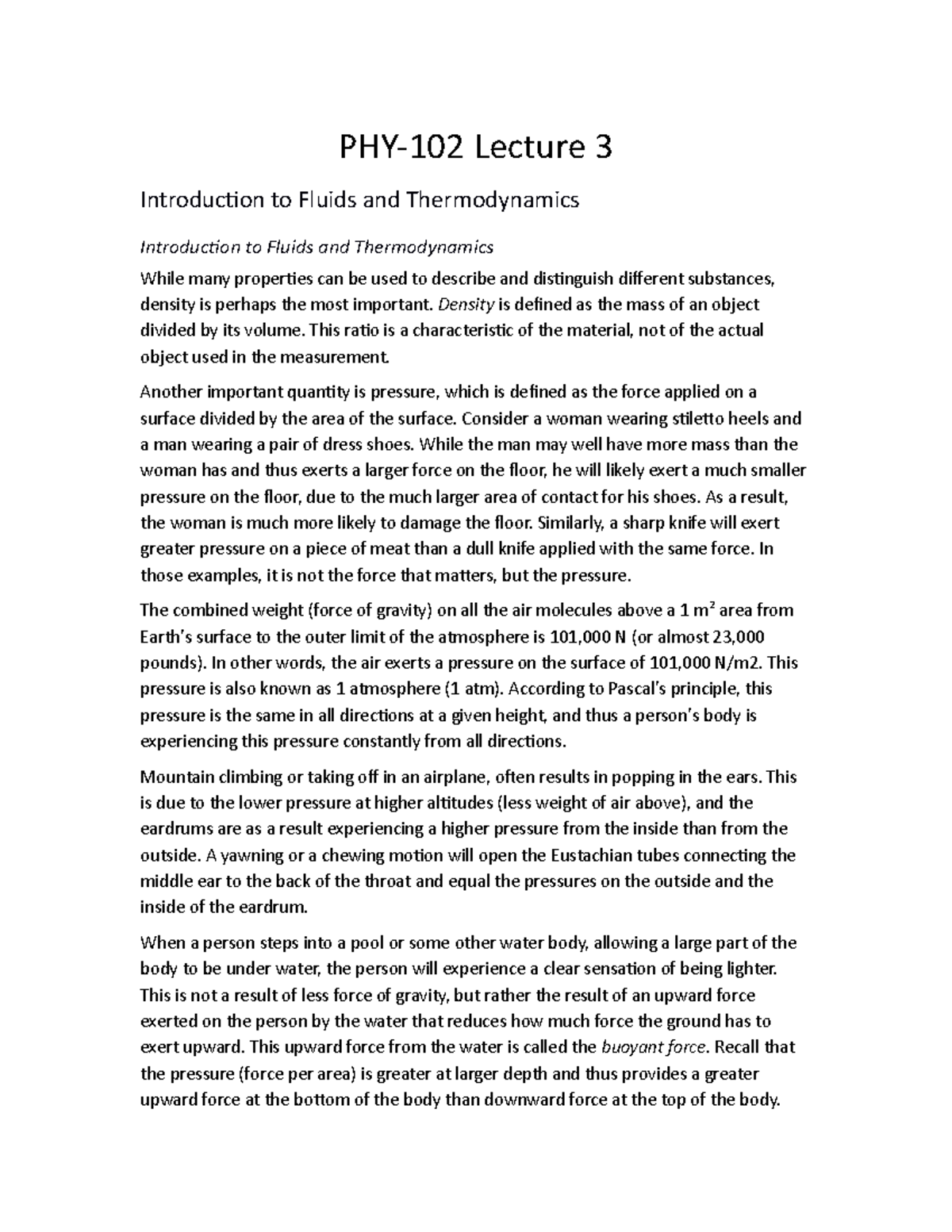 PHY 102 RS Lecture 3 - PHY-102 Lecture 3 Introduction to Fluids and ...