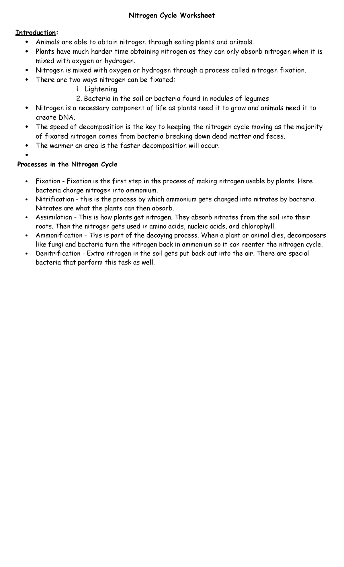 Nitrogen cycle w questions - Nitrogen Cycle Worksheet Introduction ...