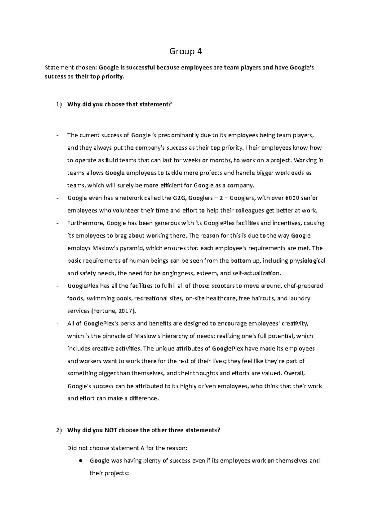 Statement Defence part 1 Group 4 - Group 4 Statement chosen: Google is ...