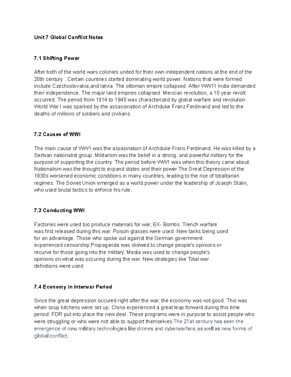 Untitled document - Notes - Unit 7 Global Conflict Notes 7 Shifting ...