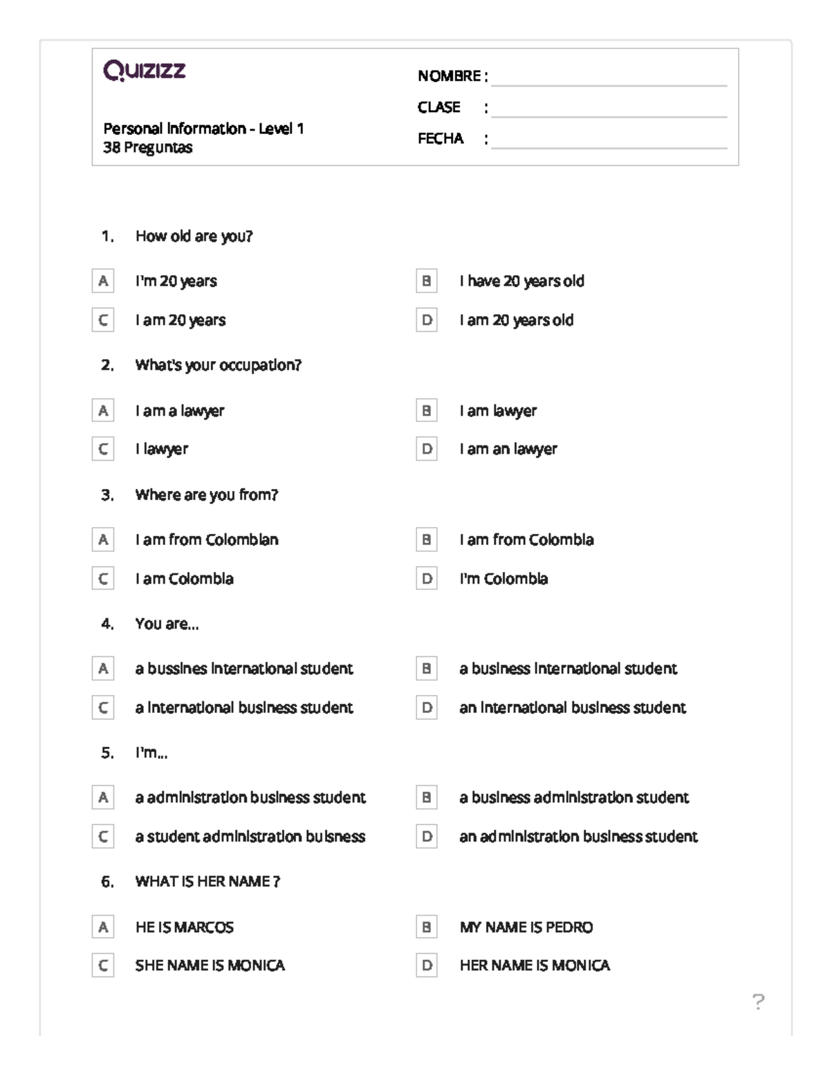 Personal information - Level 1 - Personal 38 Preguntas information ...