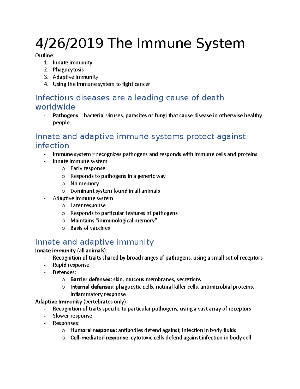 The Immune System - 4/26/2019 The Immune System Outline: 1. Innate ...