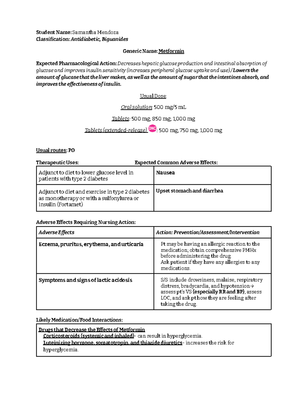 Metformin-UNIT 3 - Oral hypoglycemic drug card metformin drug card ...