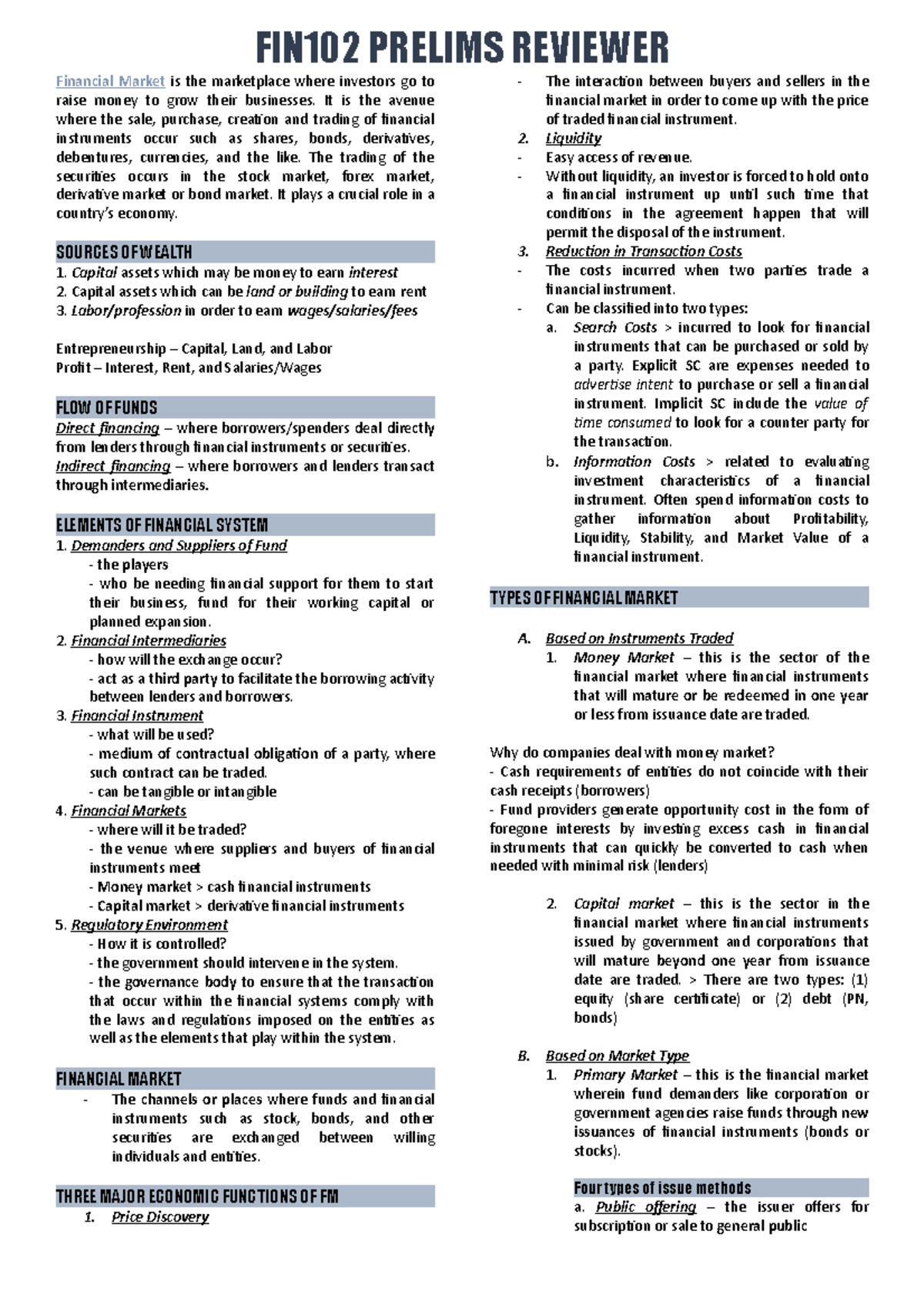 Prelims Reviewer - Good Luck1 - FIN102 PRELIMS REVIEWER Financial Market is the marketplace ...