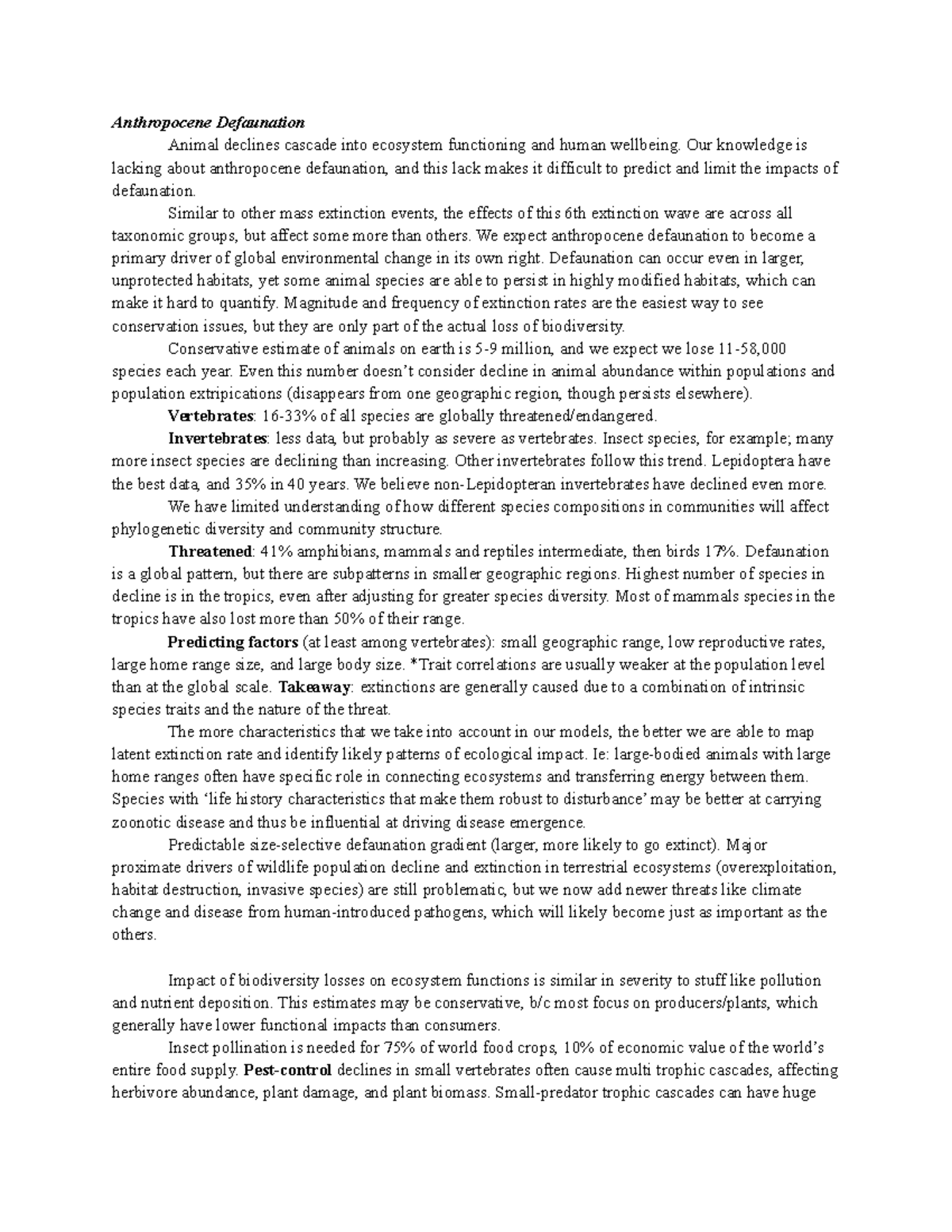 Bio Defaunation Notes - Lectures given by Dr Kronforst and/or Dr Price ...