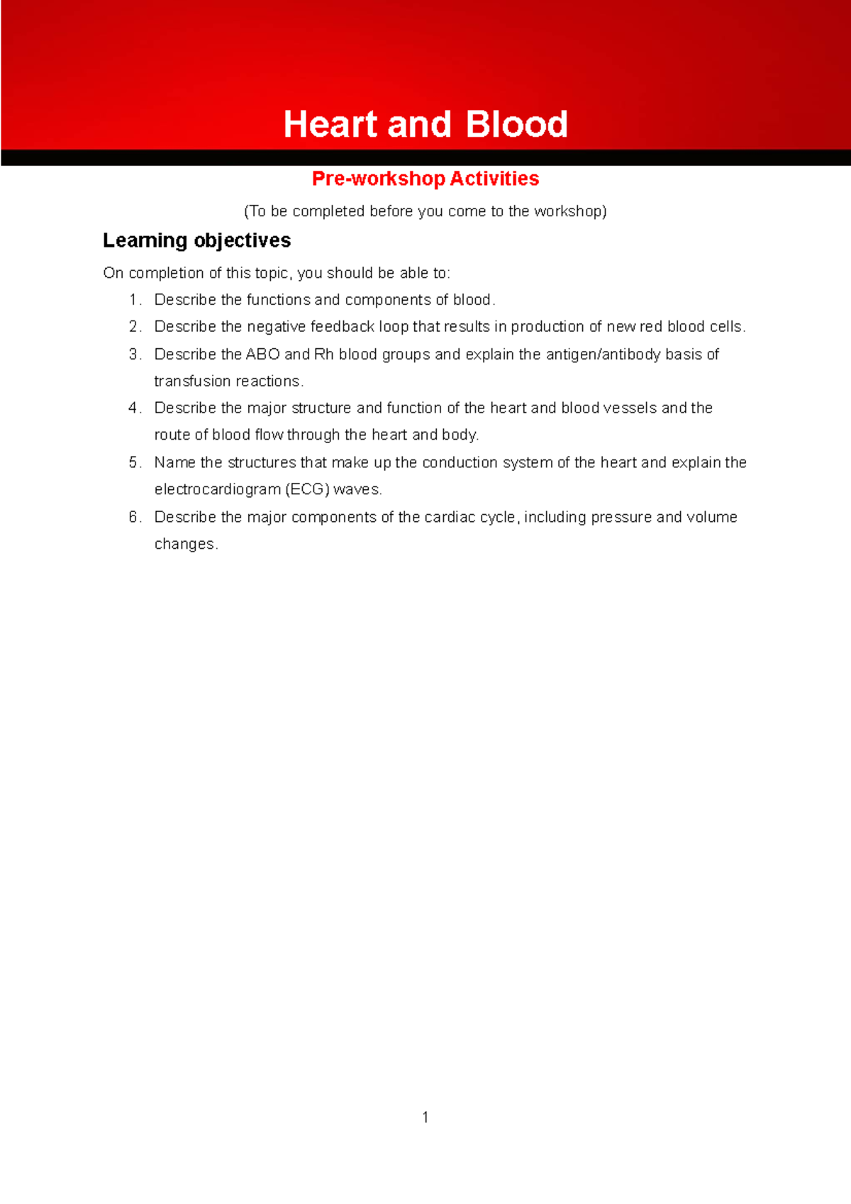 Workshop 5 - Heart and Blood - Heart and Blood Pre-workshop Activities ...