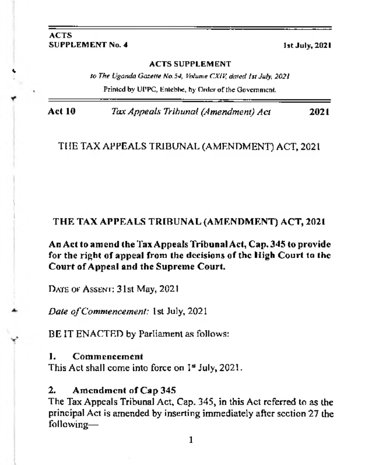 Stamp Duty (Amendment) Act 2021 - 1st July, 2021 4 Act 10 Tax Appeals ...