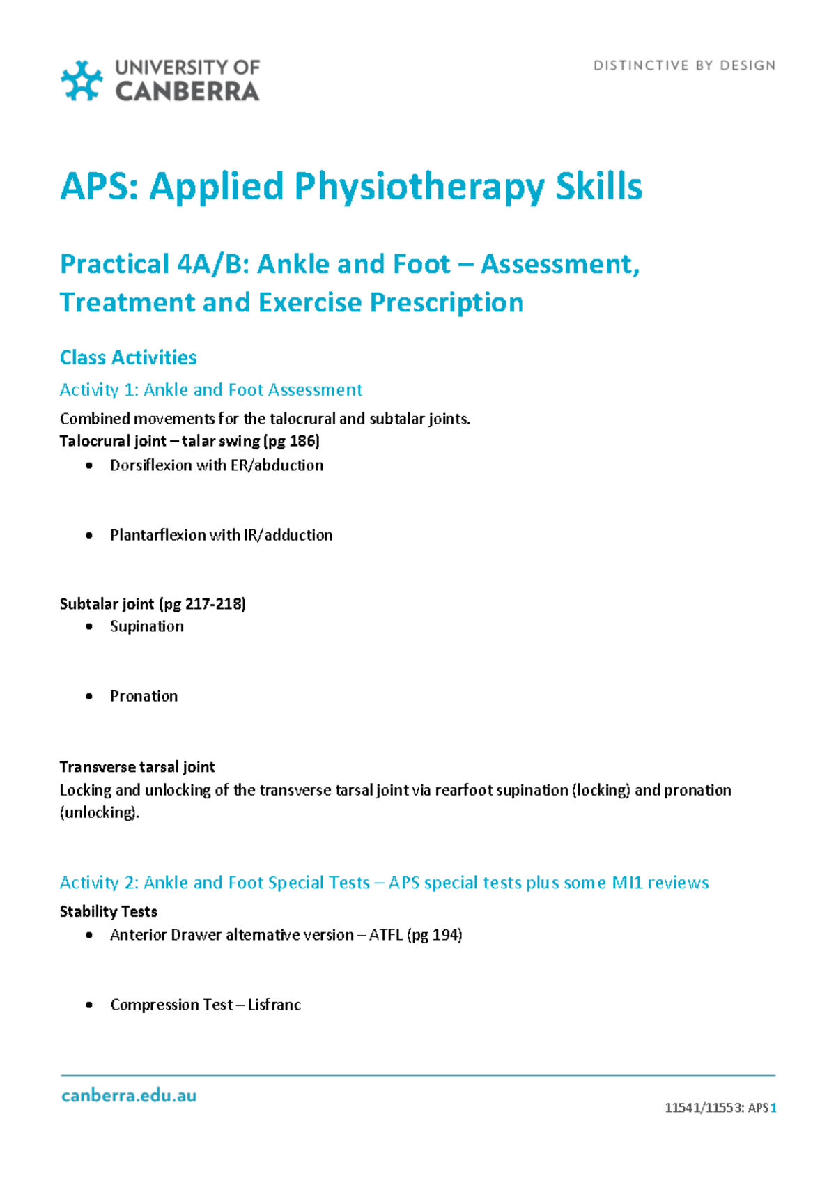 APS Week 4 Practical 4A B Ankle Foot 2022 - APS: Applied Physiotherapy ...