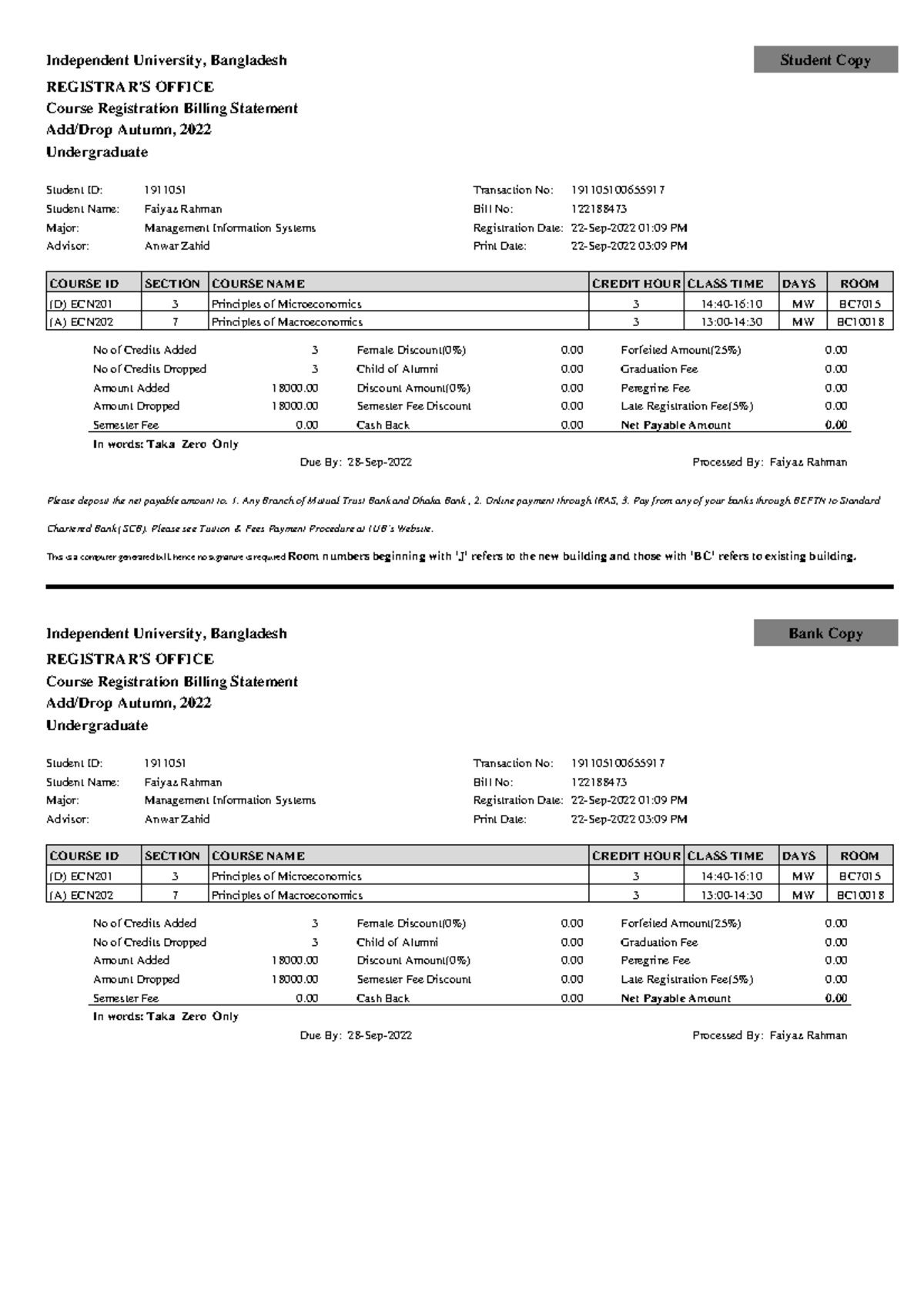 Registration Fee 1911051-3 - Please deposit the net payable amount to ...