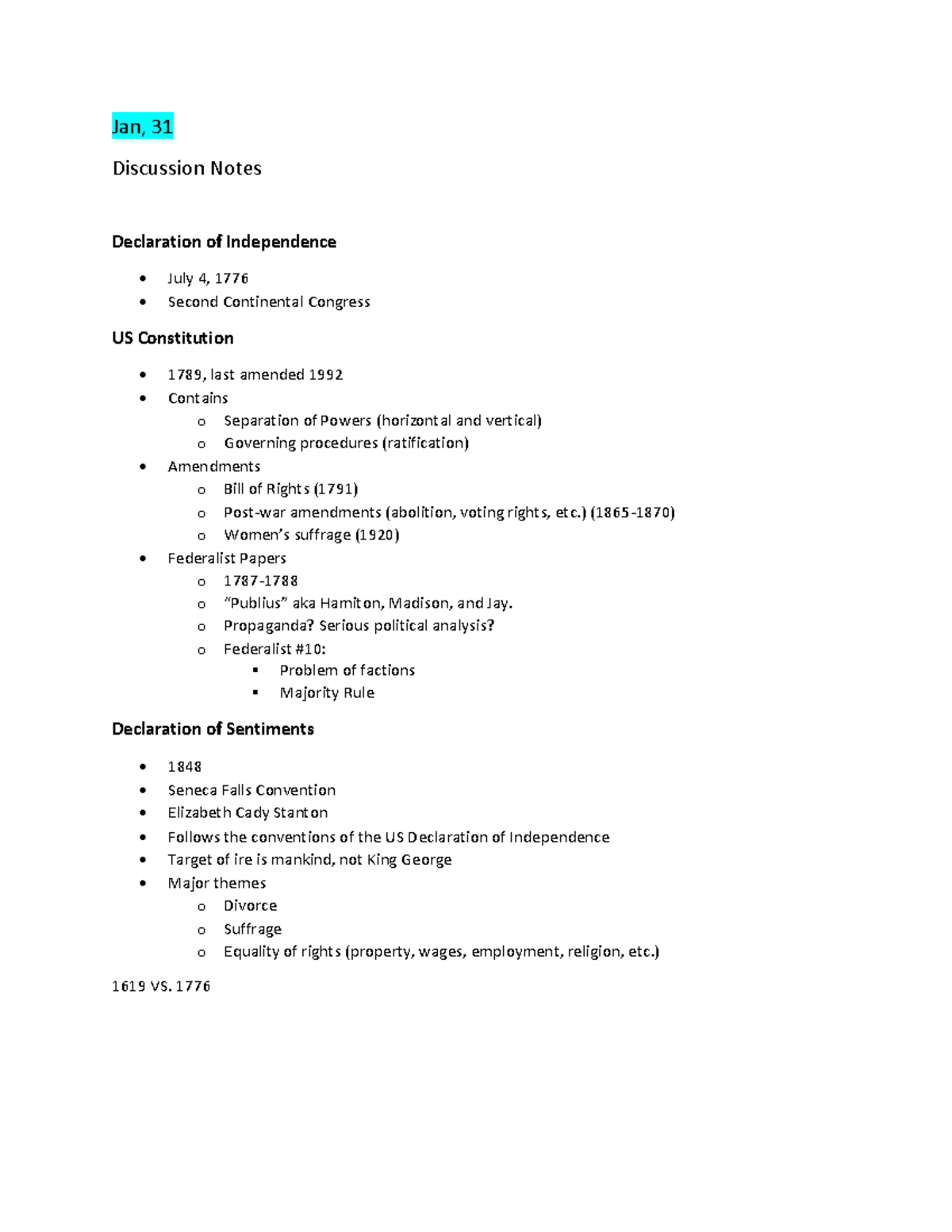 Declaration of independence Lecture - Jan, 31 Discussion Notes ...